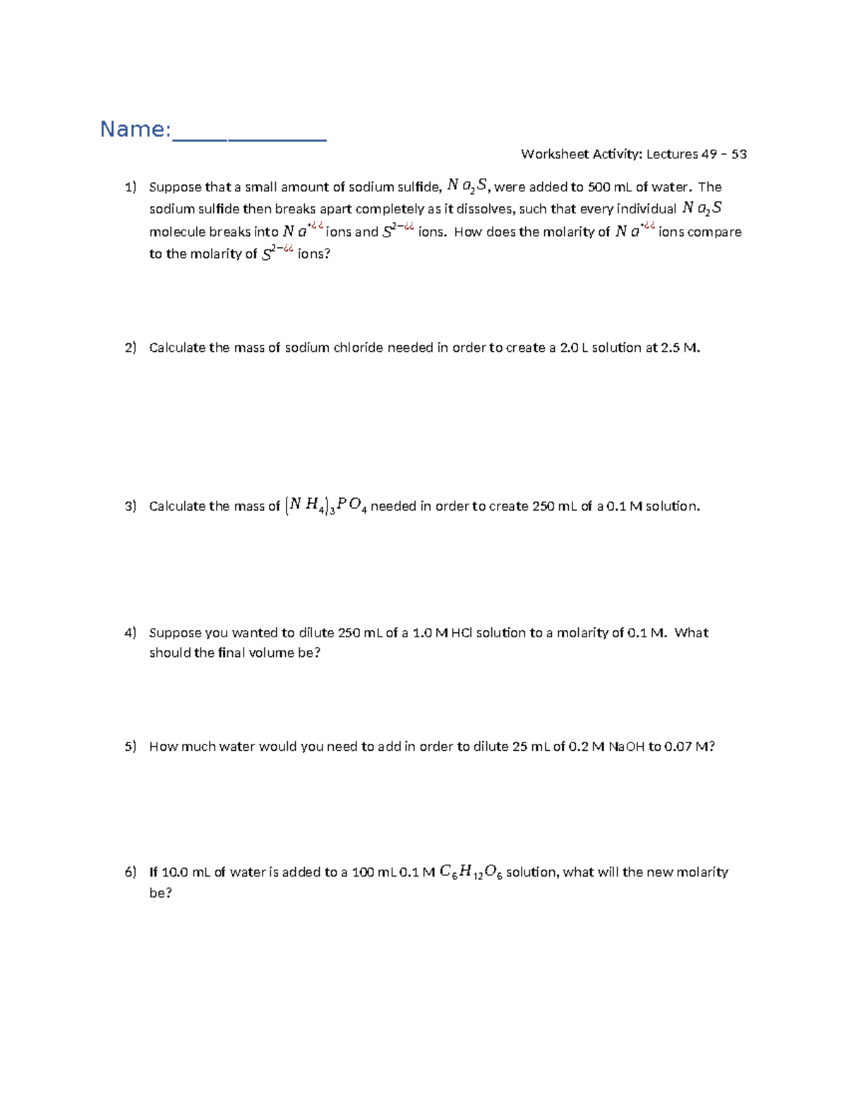 Worksheet Activity: Chemistry Concepts from Lectures 49 – 53 - Name ...