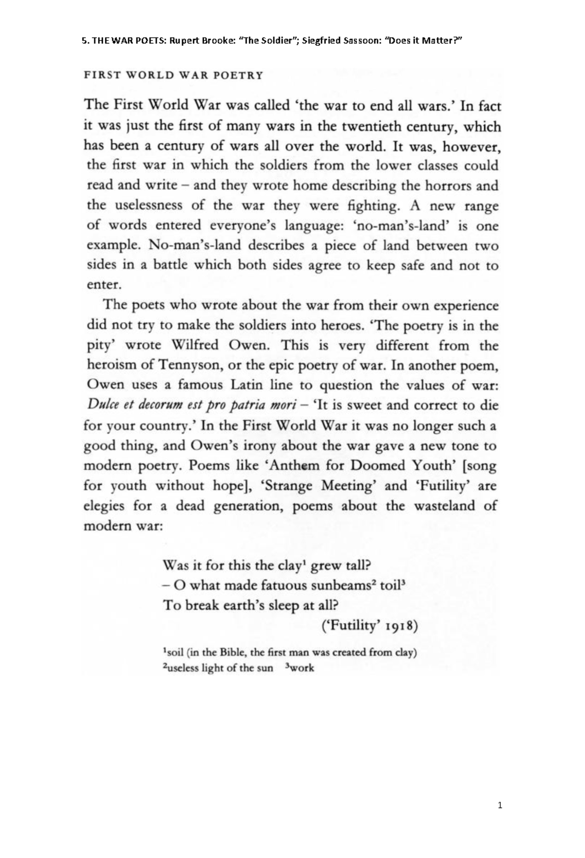 5. THE WAR POETS: Rupert Brooke & Siegfried Sassoon Analysis - Studocu