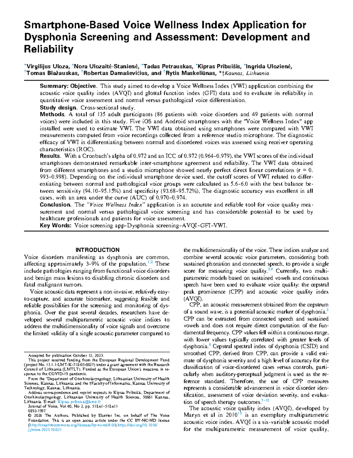Voice Wellness Index (VWI) for Dysphonia: Development & Reliability ...