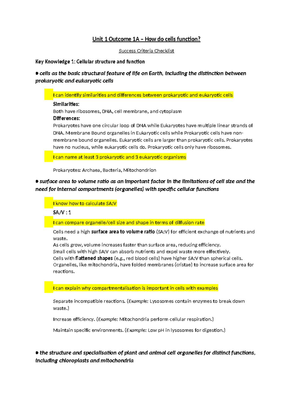 2024 Unit 1 Outcome 1A Checklist - Unit 1 Outcome 1A – How do cells ...
