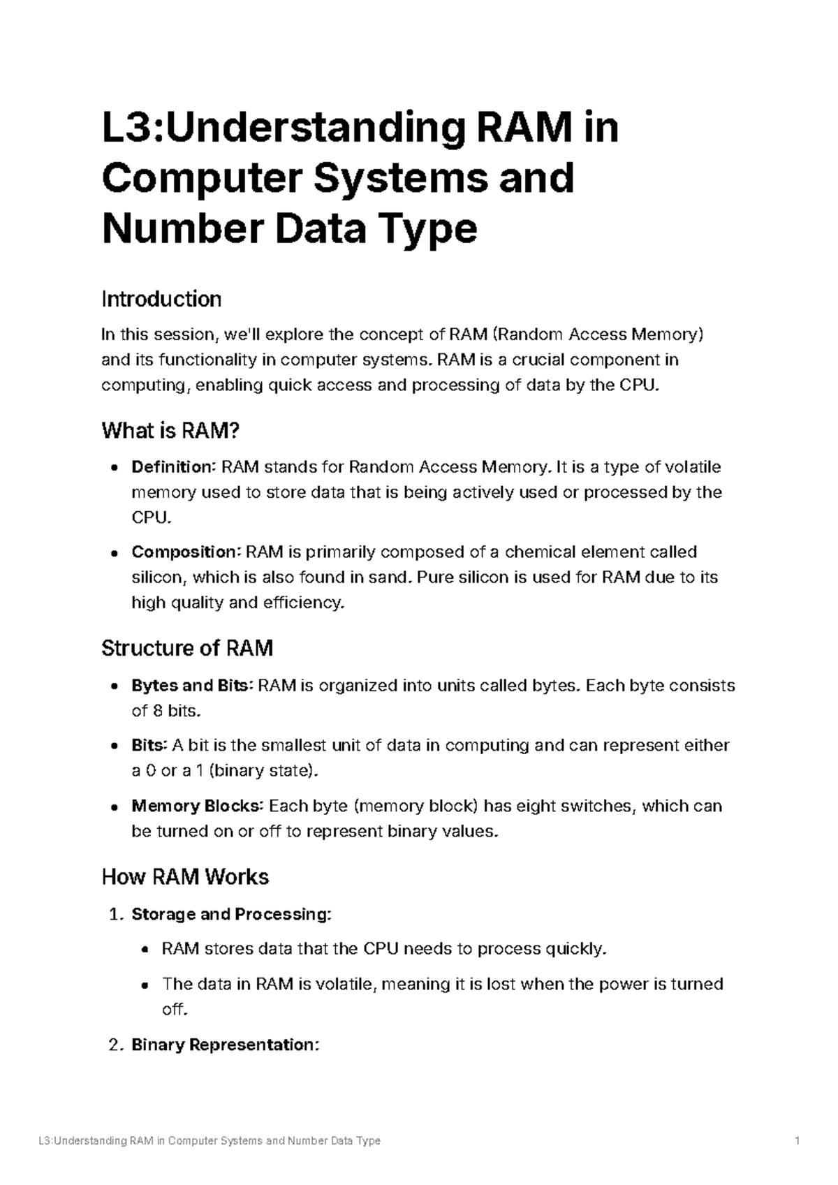 L3: RAM Functionality & Number Data Types in Computer Systems - Studocu