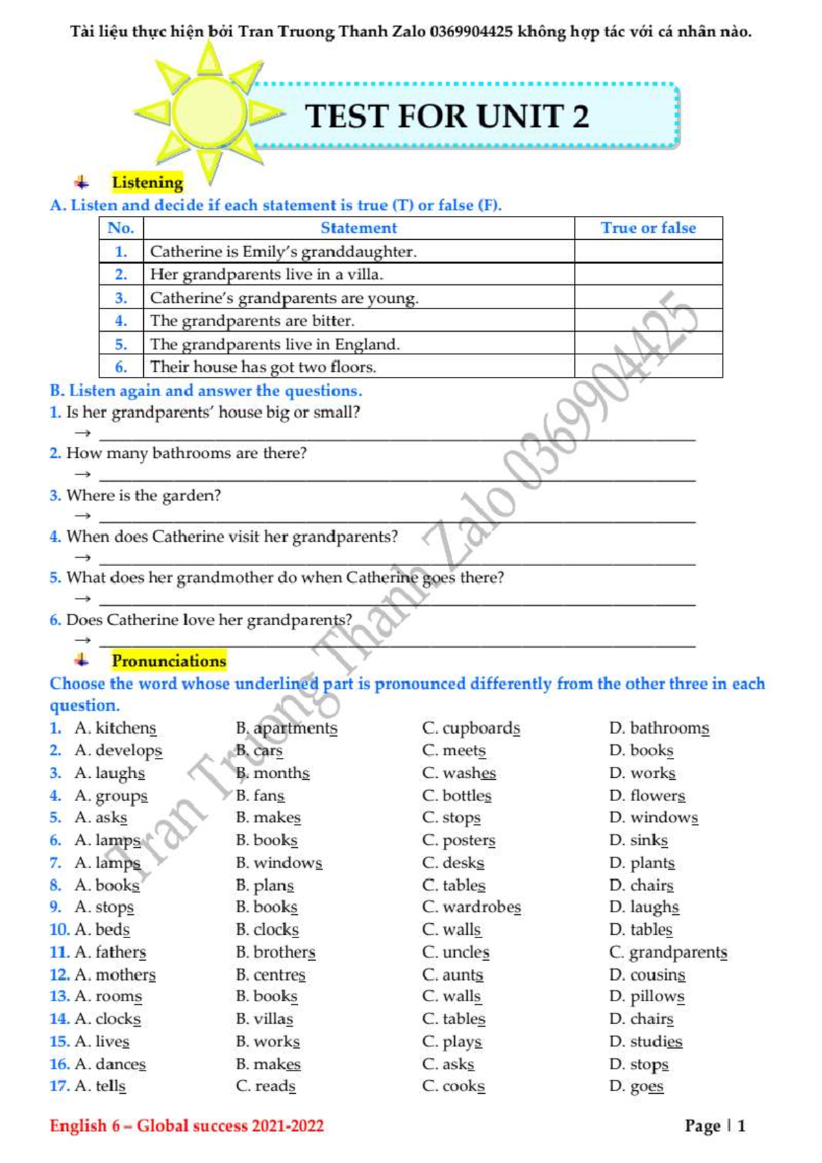 Listening & Pronunciation Practice for English 6 (Global Success) - Studocu