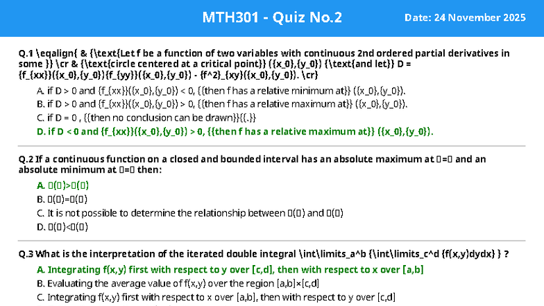 MTH301 Quiz No.2 - Critical Points and Double Integrals (2025) - Studocu