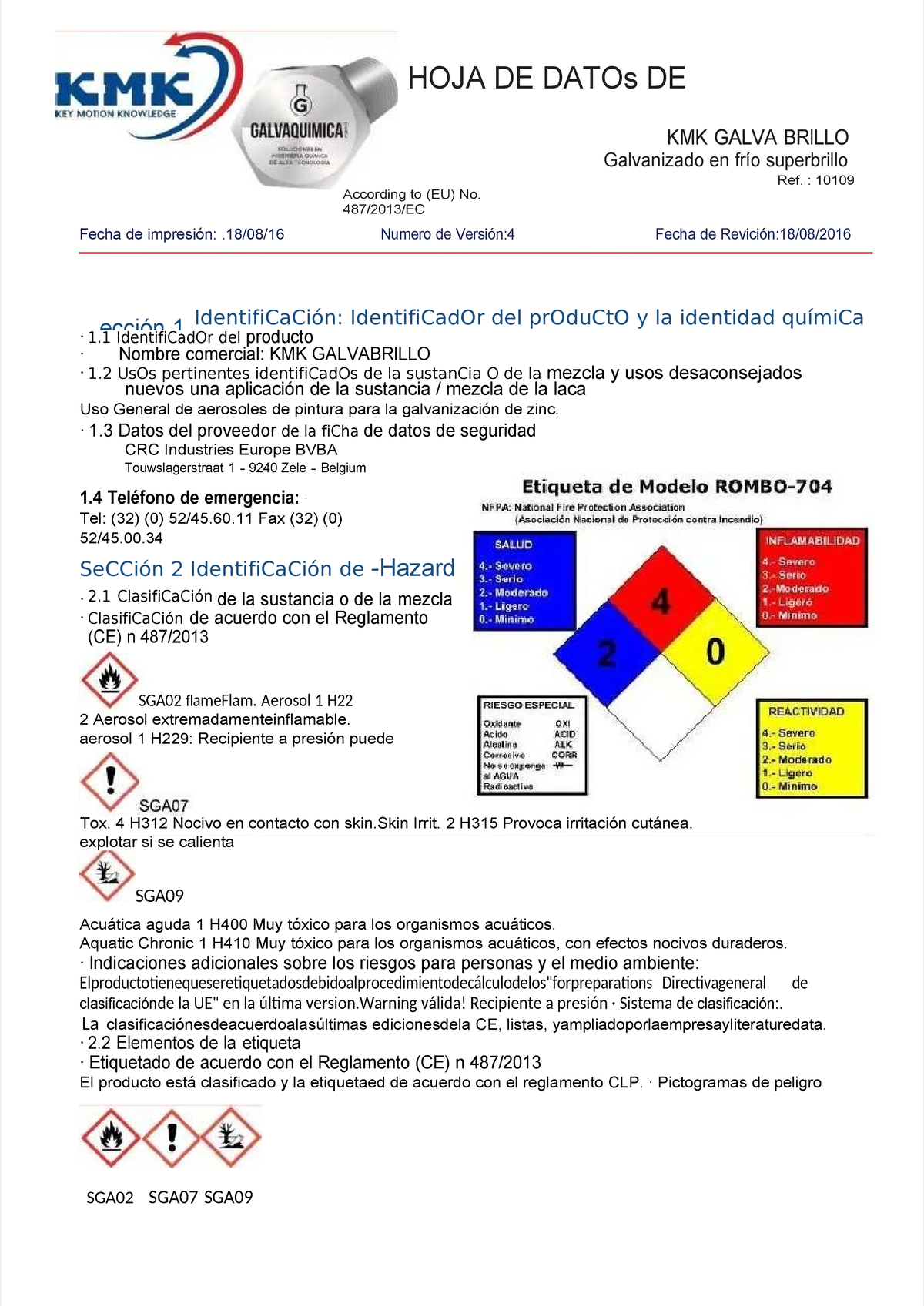 MSDS for KMK GALVA BRILLO (Ref. 10109) - Cold Galvanizing Agent - Studocu