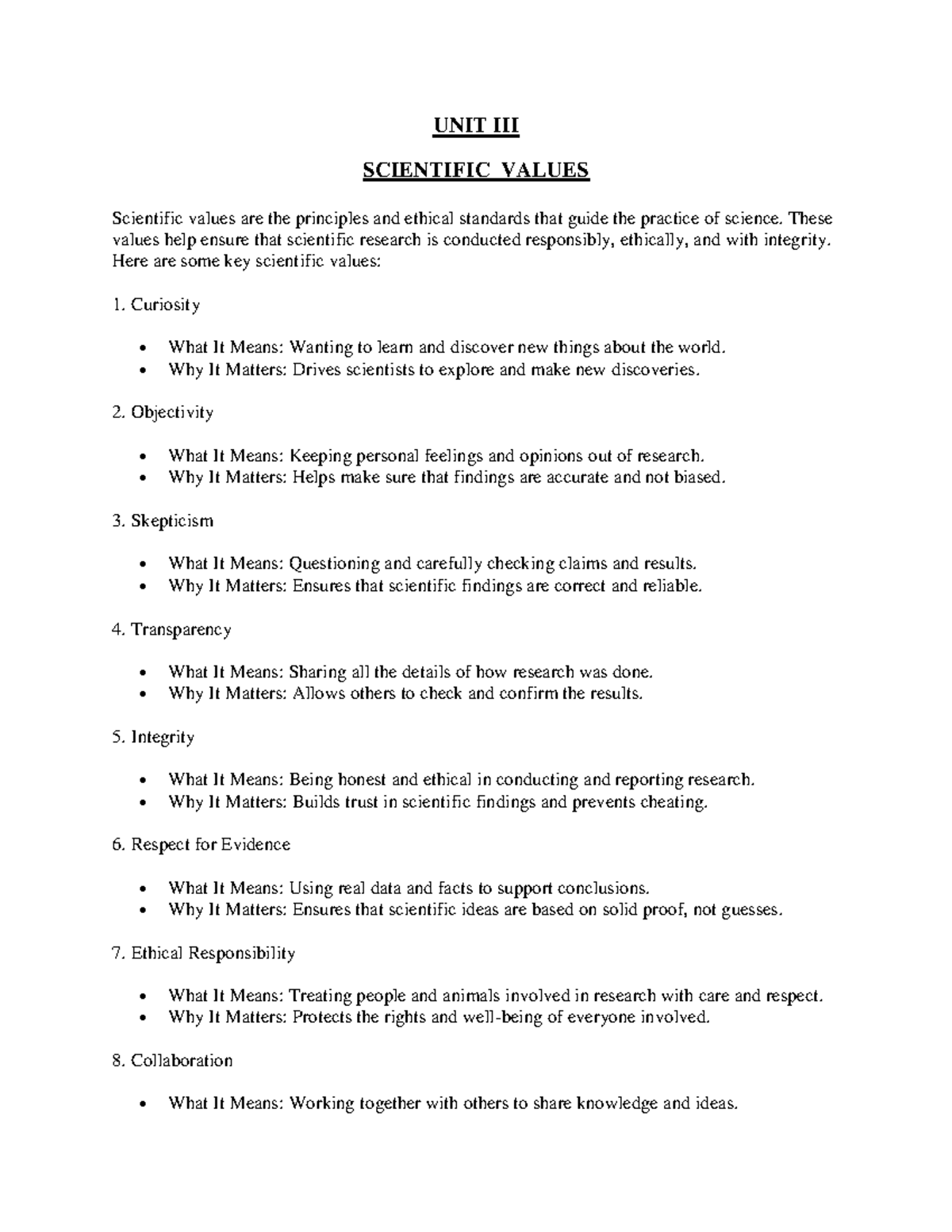 UNIT III: Scientific Values and Thinking Principles - Studocu