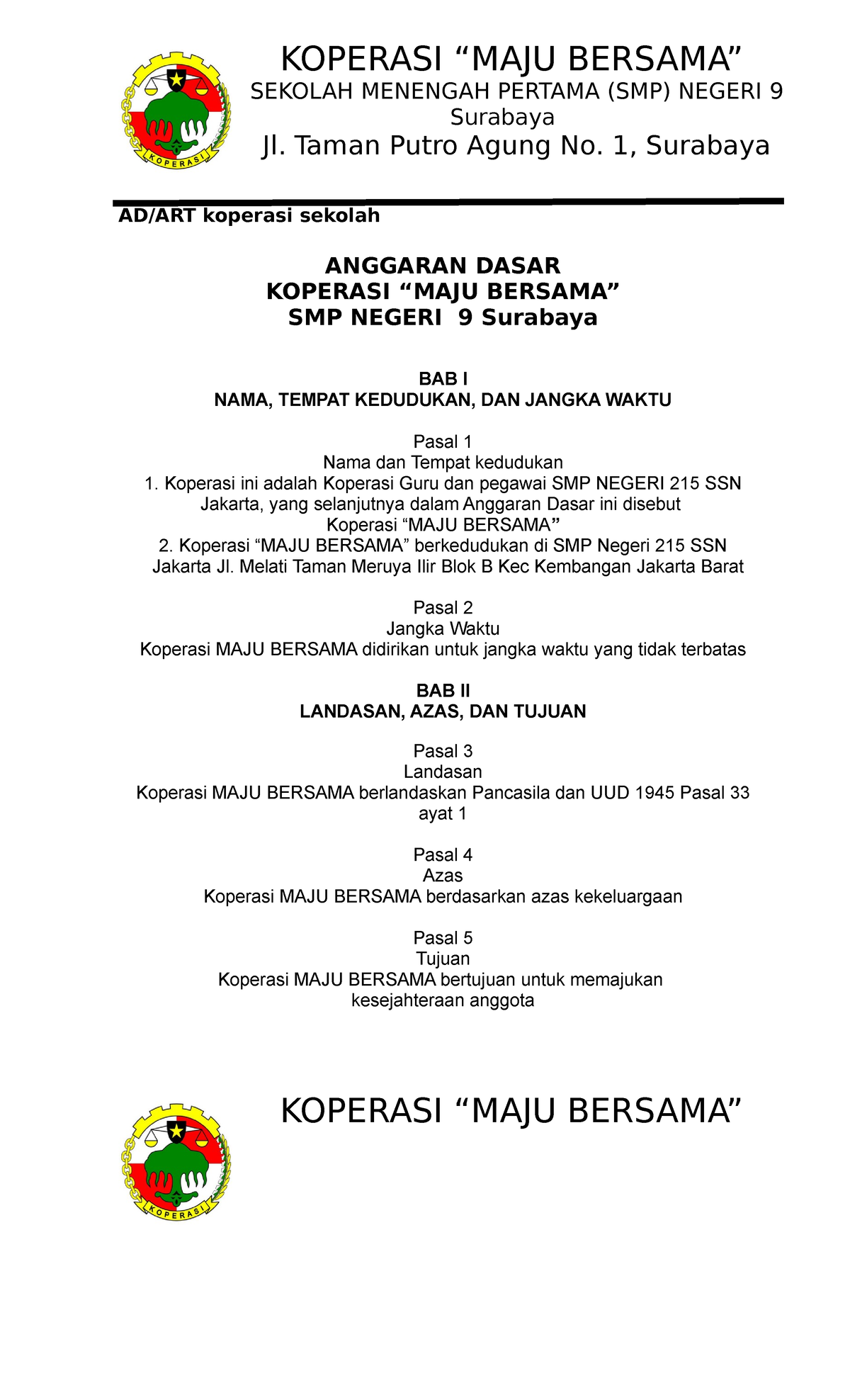 AD/ART Koperasi "Maju Bersama" SMP Negeri 215 JKT - Surabaya - Studocu