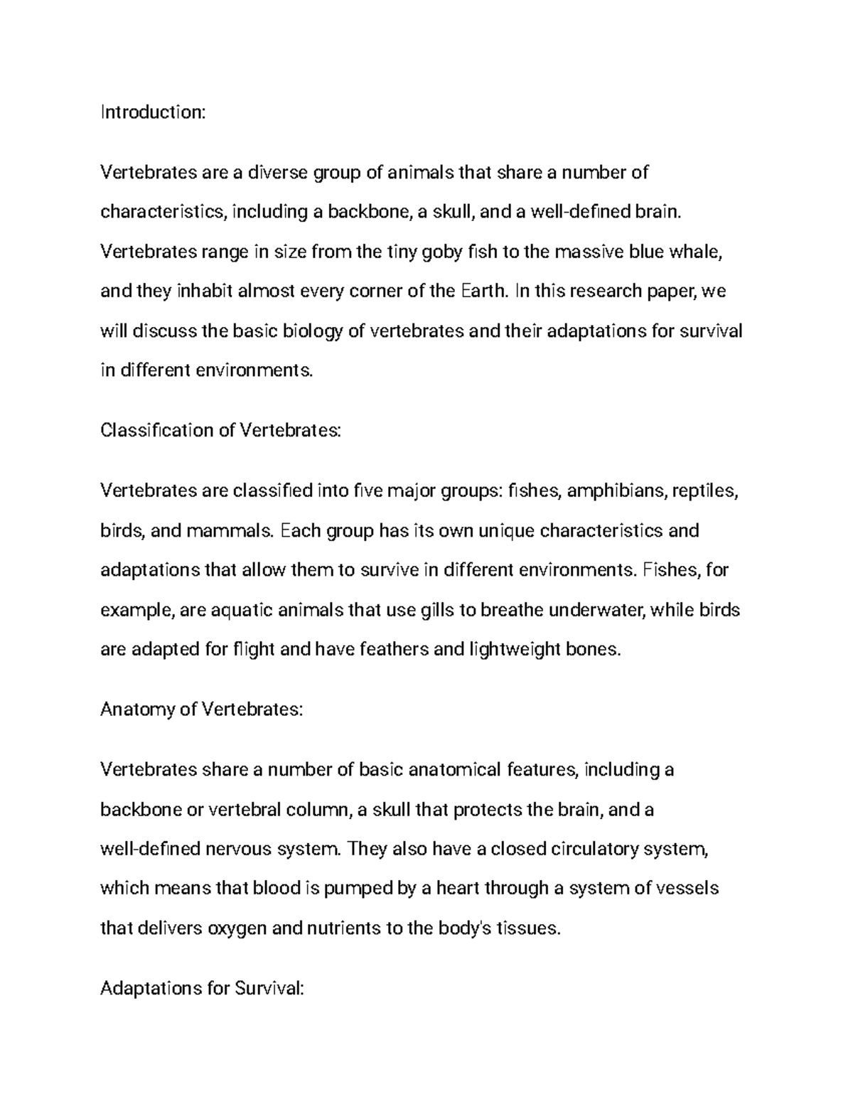 Research paper Vertabrate Biology - Introduction: Vertebrates are a ...