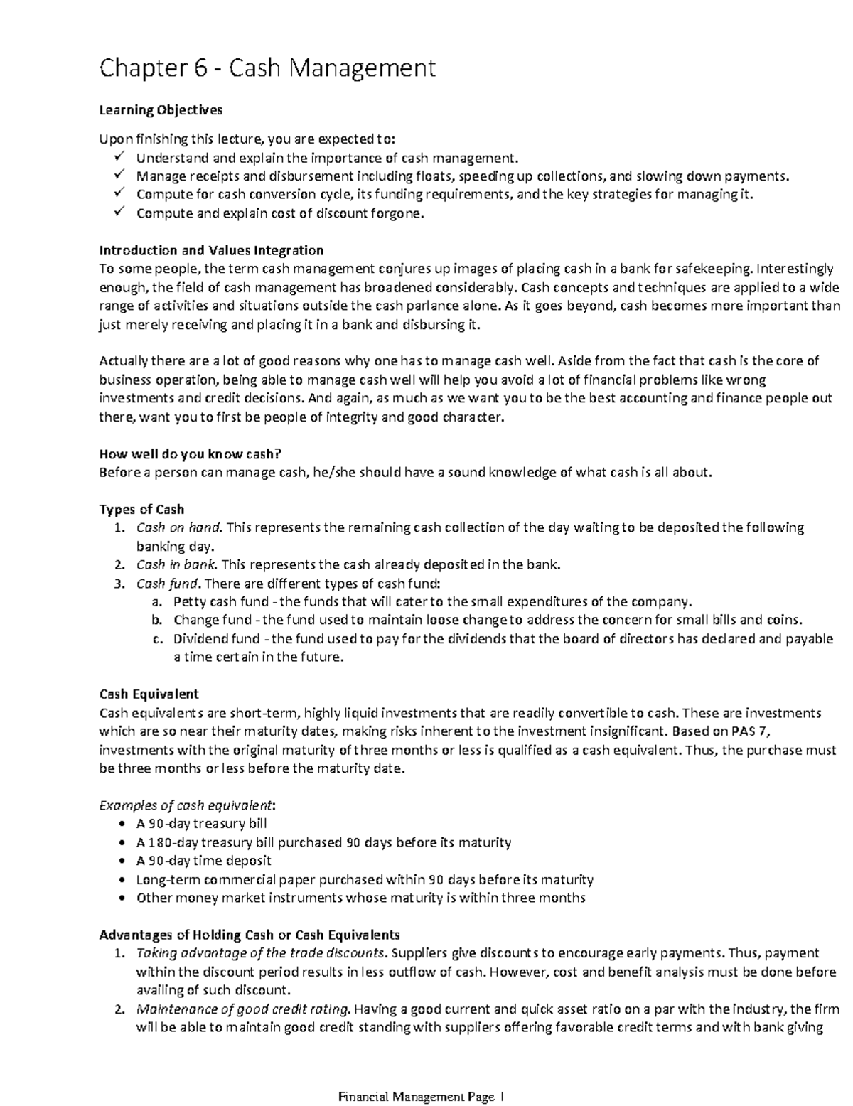 Chapter 6: Cash Management Strategies and Key Concepts (FIN 101) - Studocu