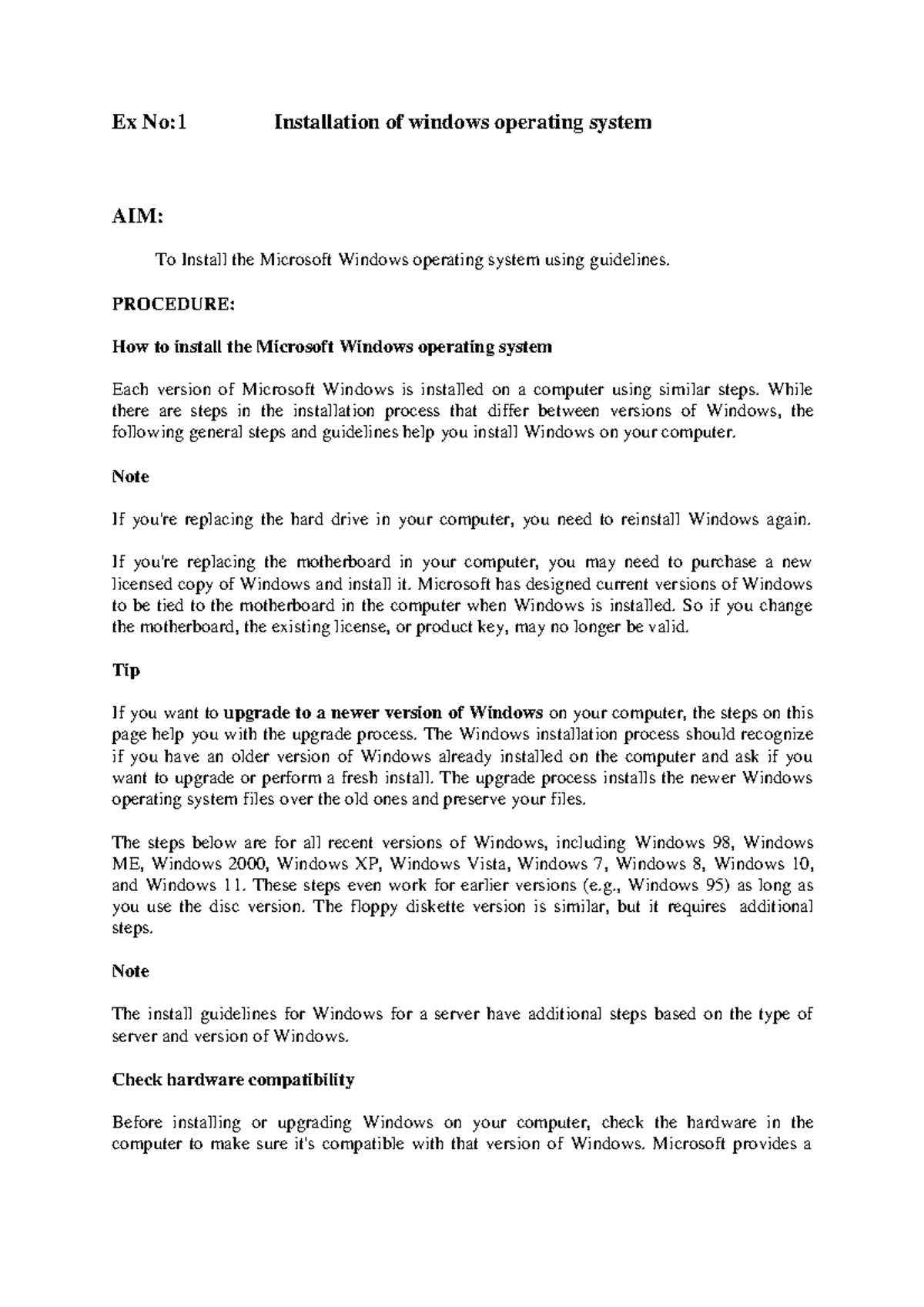 OS LAB Manual - Ex No:1 Windows OS Installation & Unix Commands Guide - Studocu