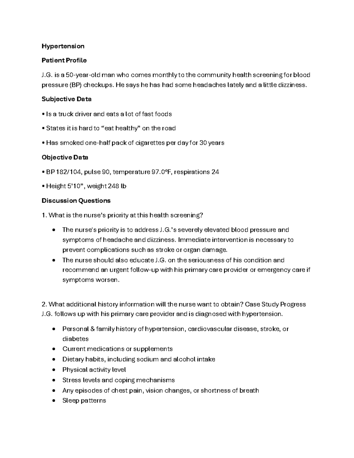 Hypertension Case Study: Patient Profile of J.G. (Stage 2) - Studocu