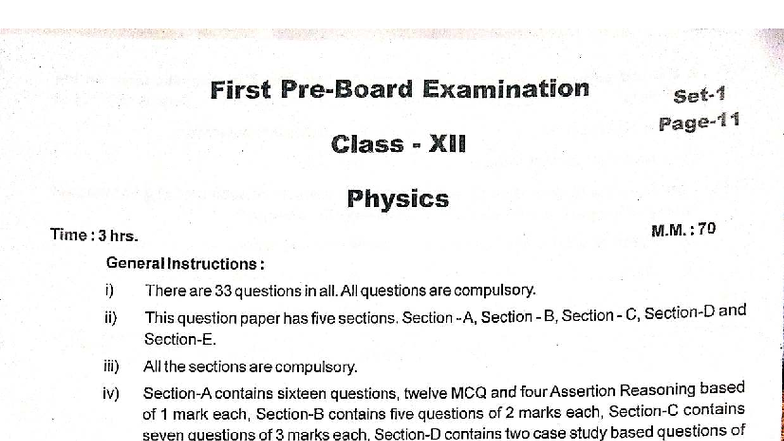 Physics Class XII Final Exam Paper - Set 1 (3 hrs, M.M. 70) - Studocu