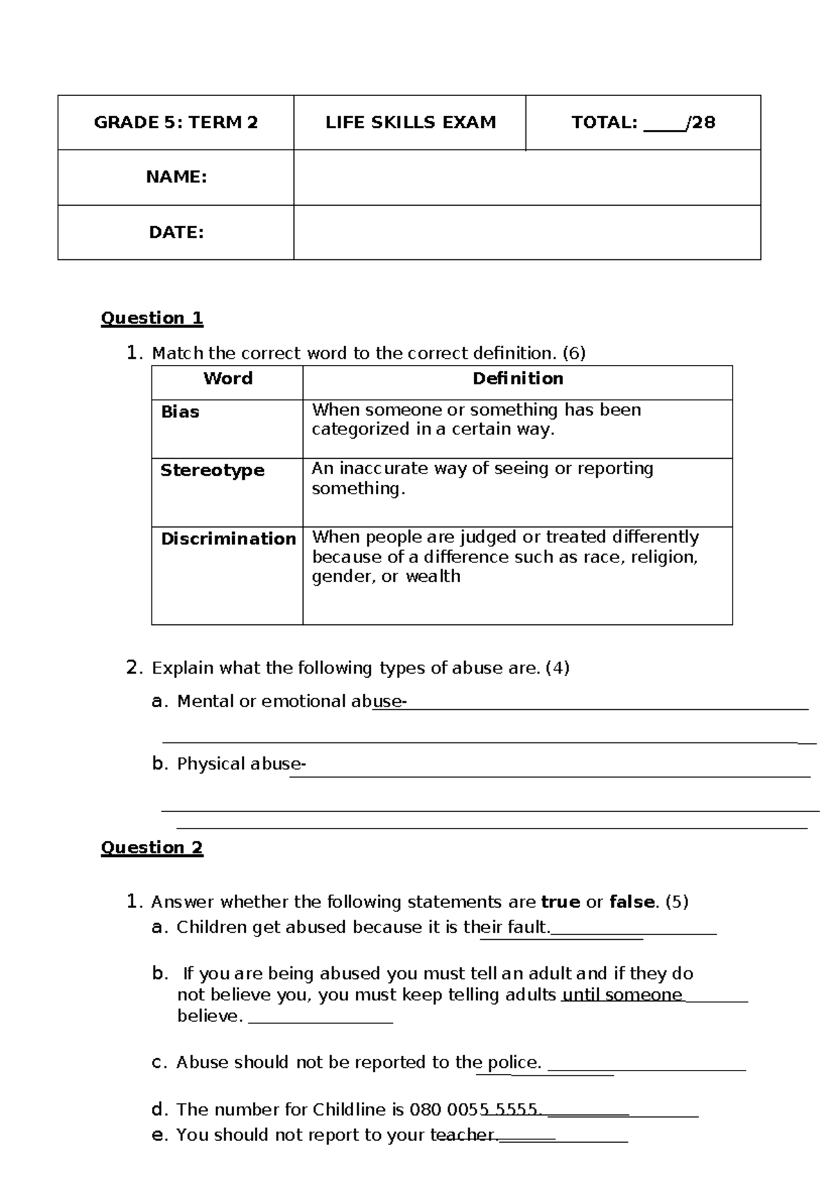 Grade 5 Life Skills Term 2 Exam – June Evaluation Guide - Studocu