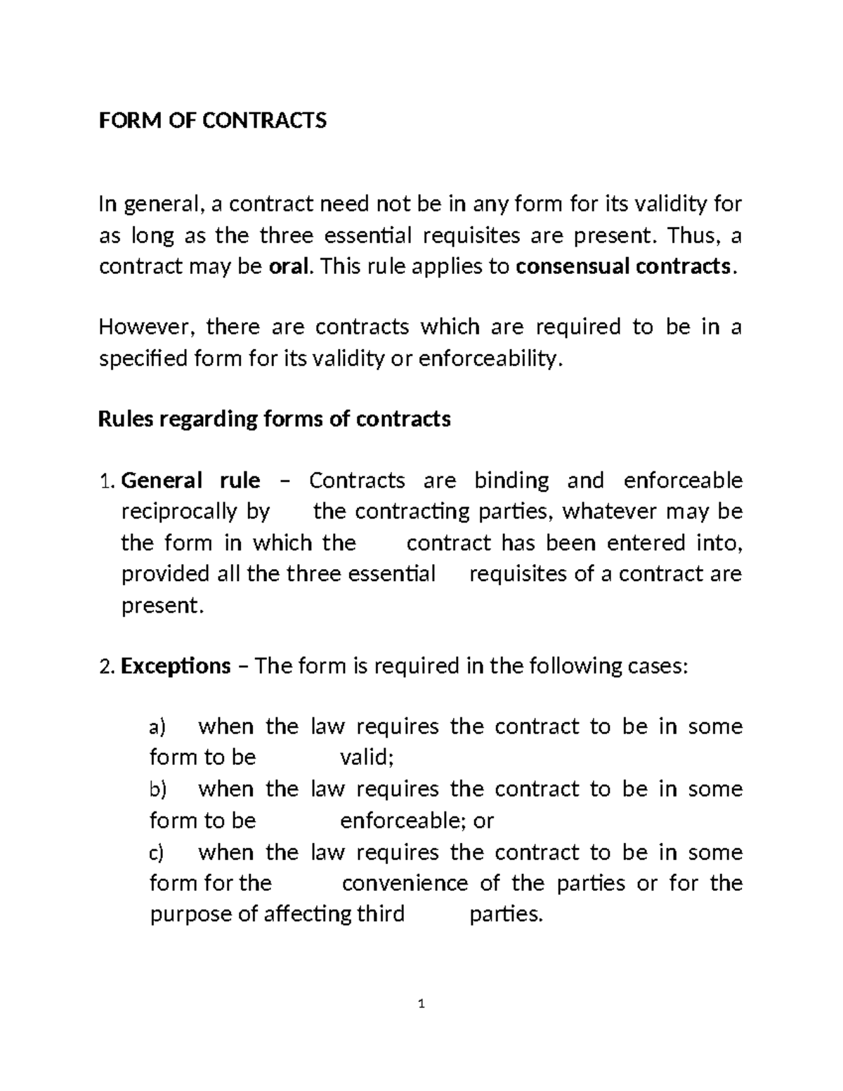 FORM OF CONTRACTS - Lecture Notes (Law 101) - Studocu