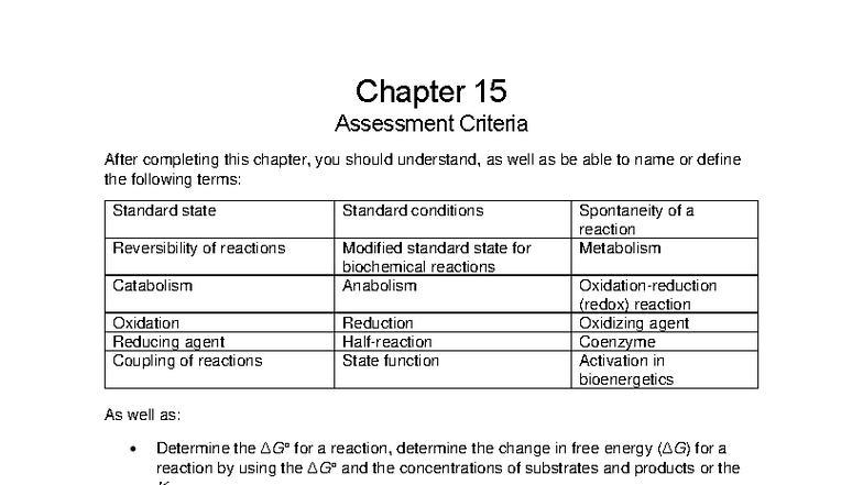 Chapter 15 Assessment Criteria: Biochemical Reactions & Metabolism ...