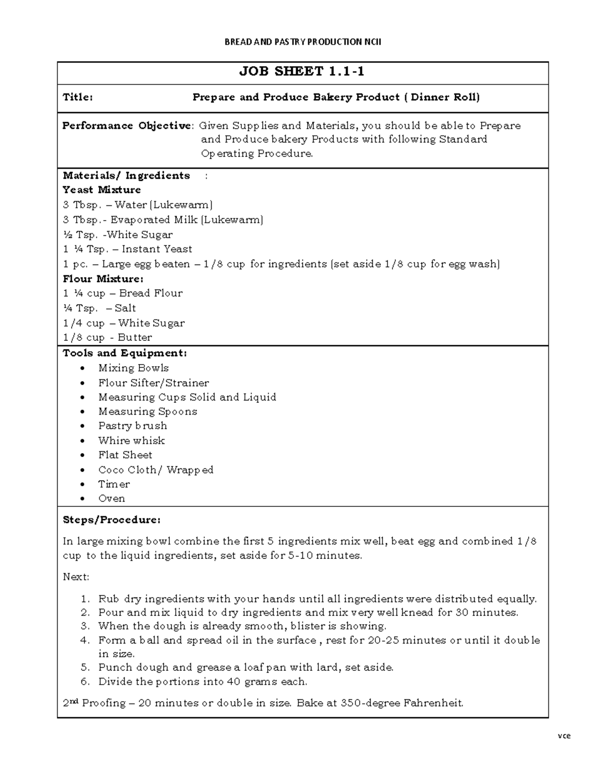 Recipe for Bpp NC 2 Assessment: Bakery & Cake Preparation Steps - Studocu