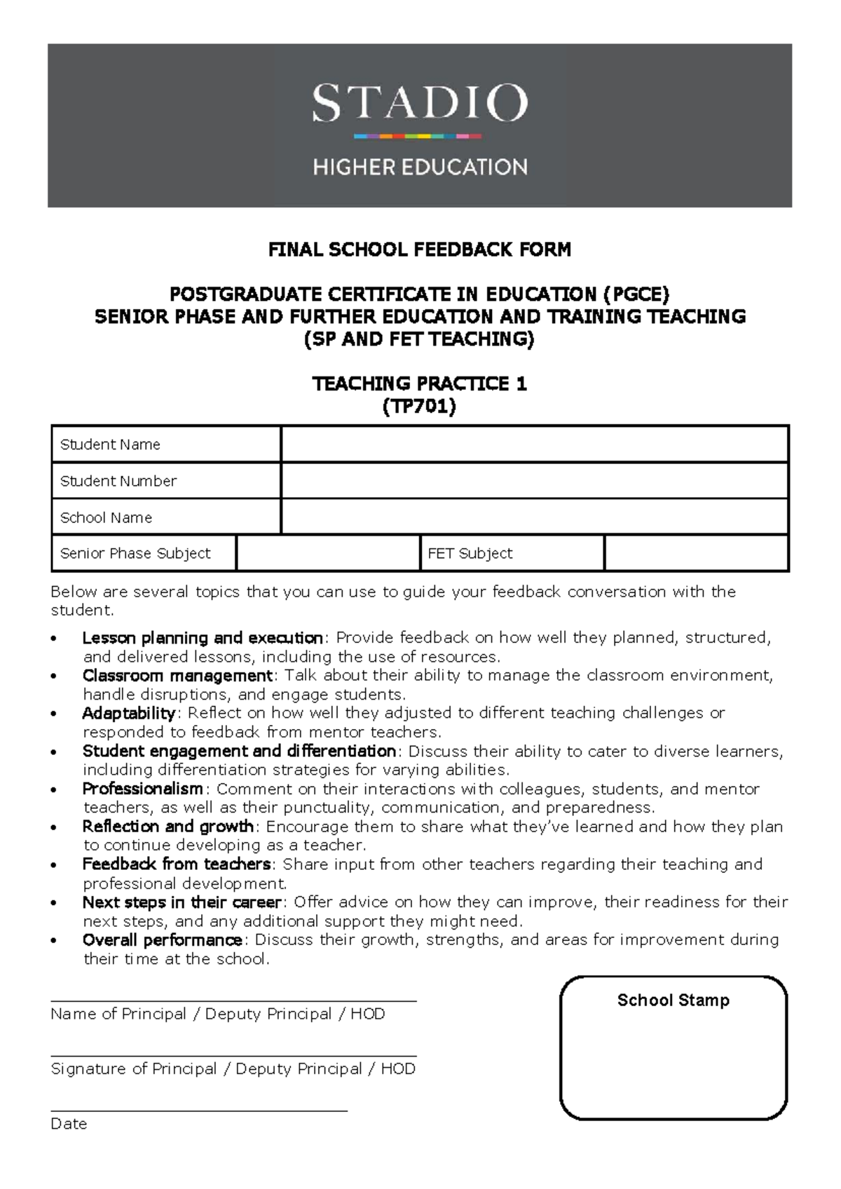 TP701 - PGCE Final School Feedback Form for Teaching Practice 1 - Studocu