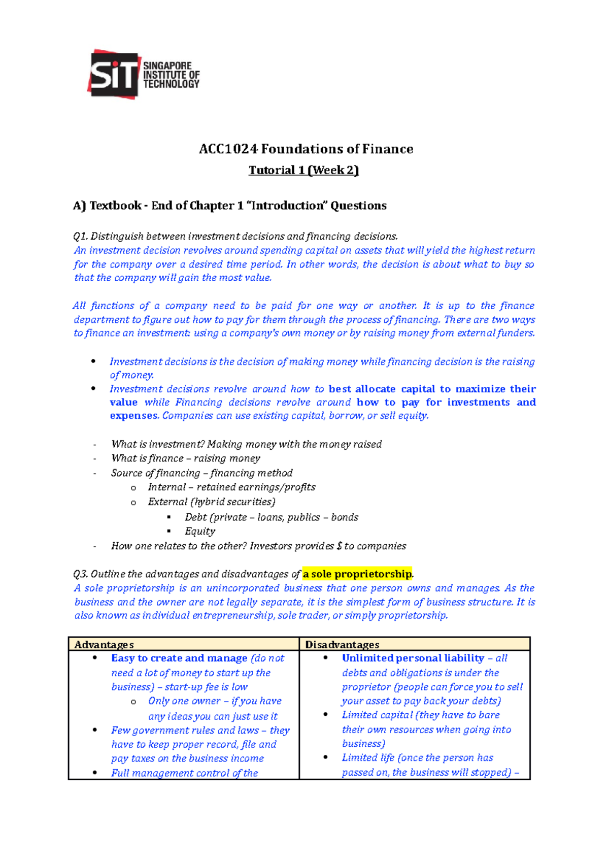 ACC1024 Tutorial 1 (Week 2) - ACC1024 Foundations of Finance Tutorial 1 ...