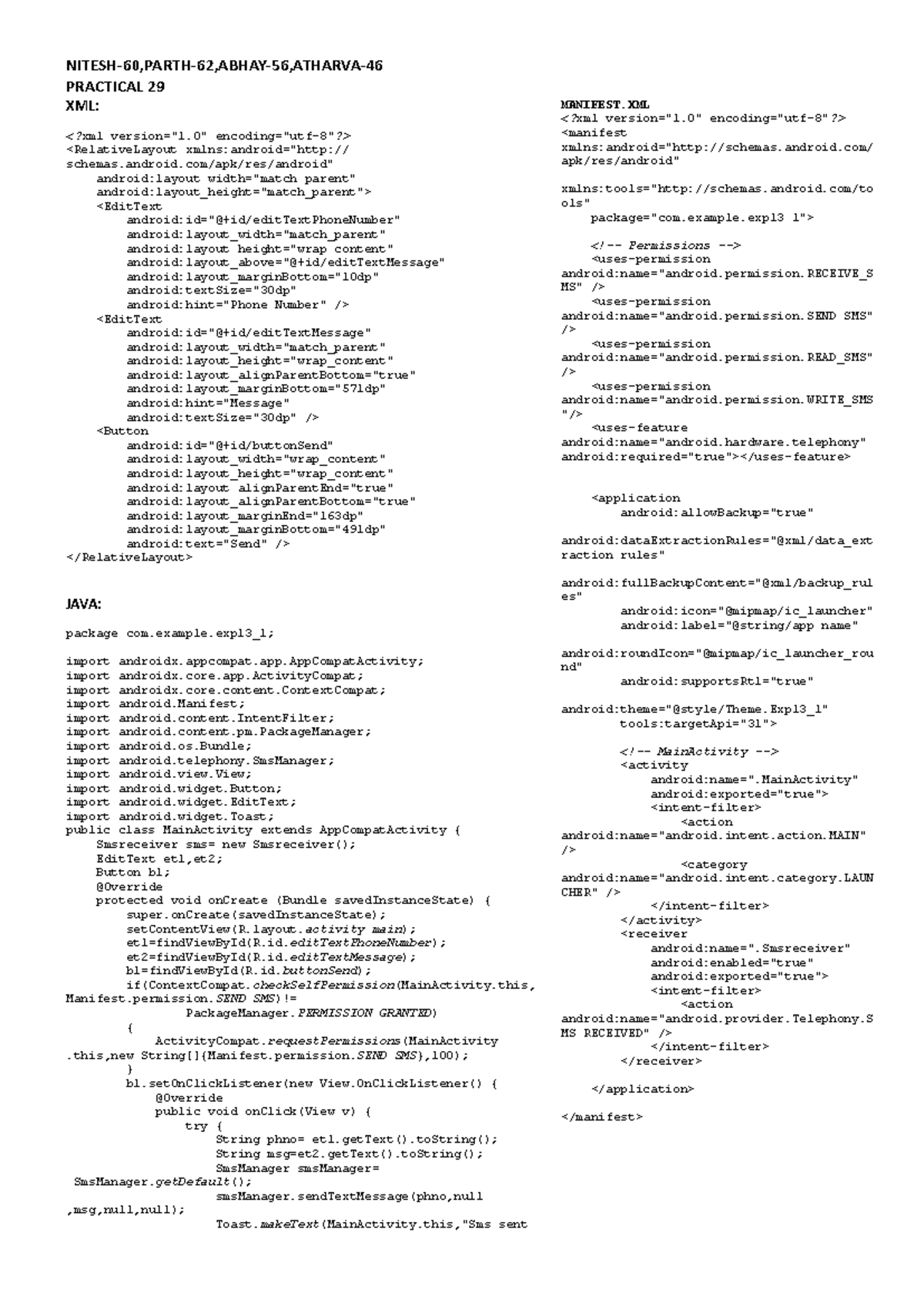 Practical Code Implementation for MAD29: SMS Functionality and XML - Studocu