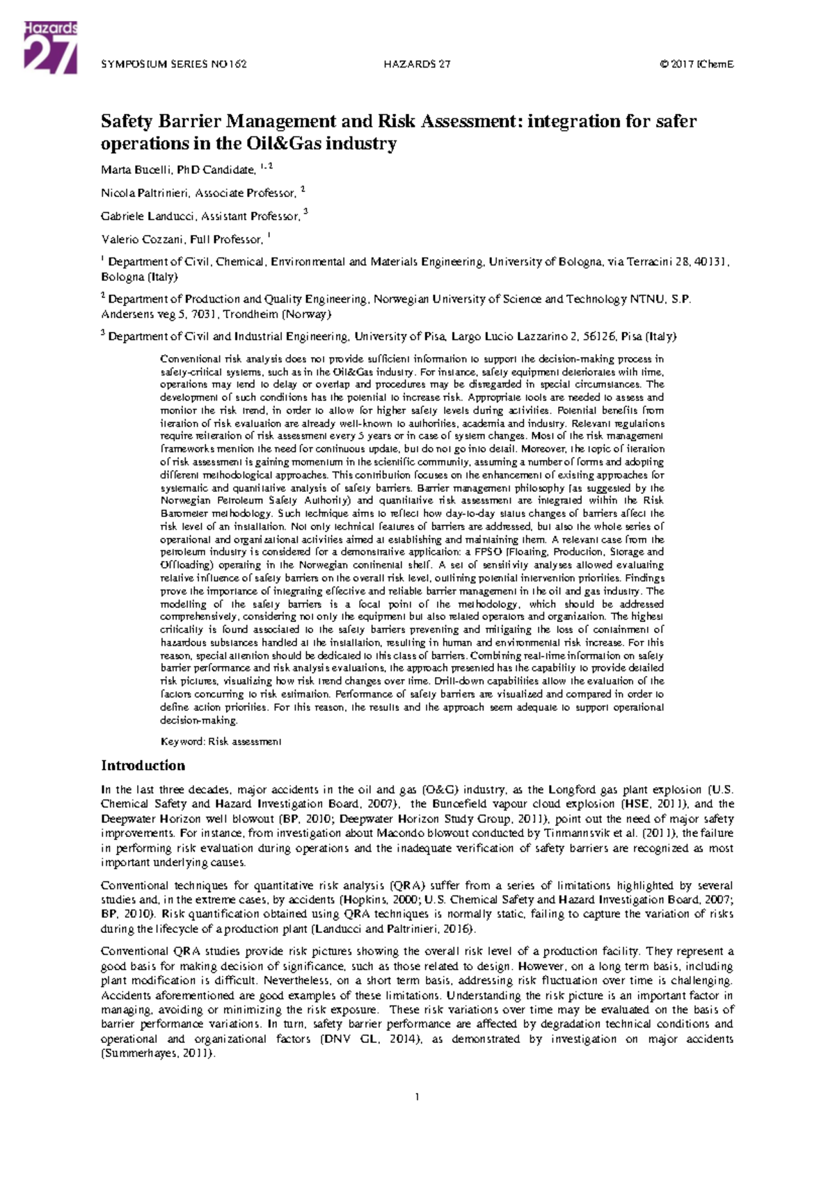Safety Barrier Management and Risk Assessment: IChemE 2017 Insights ...