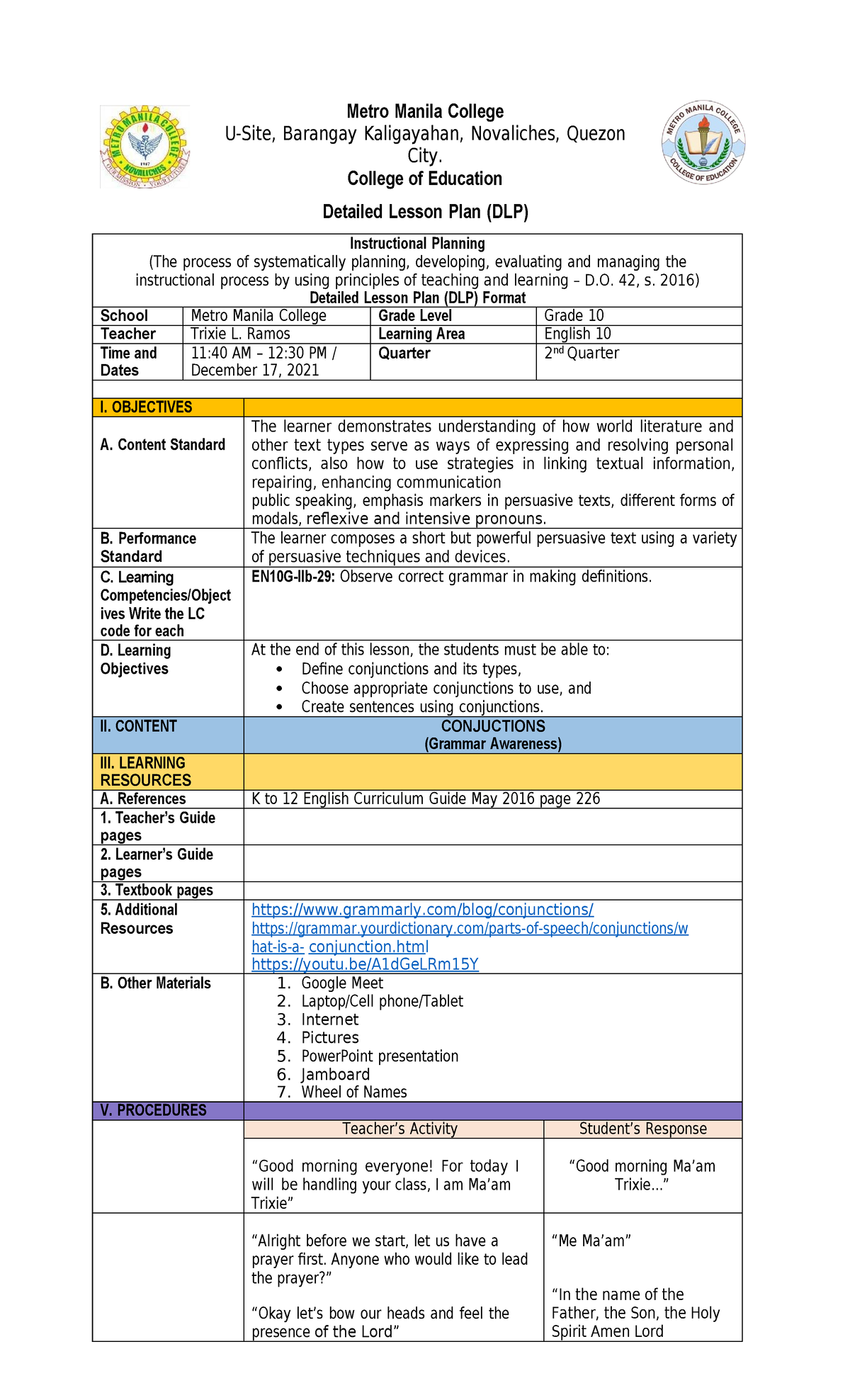 Detailed Lesson Plan (DLP) on Conjunctions for English 10 - 2nd Quarter ...
