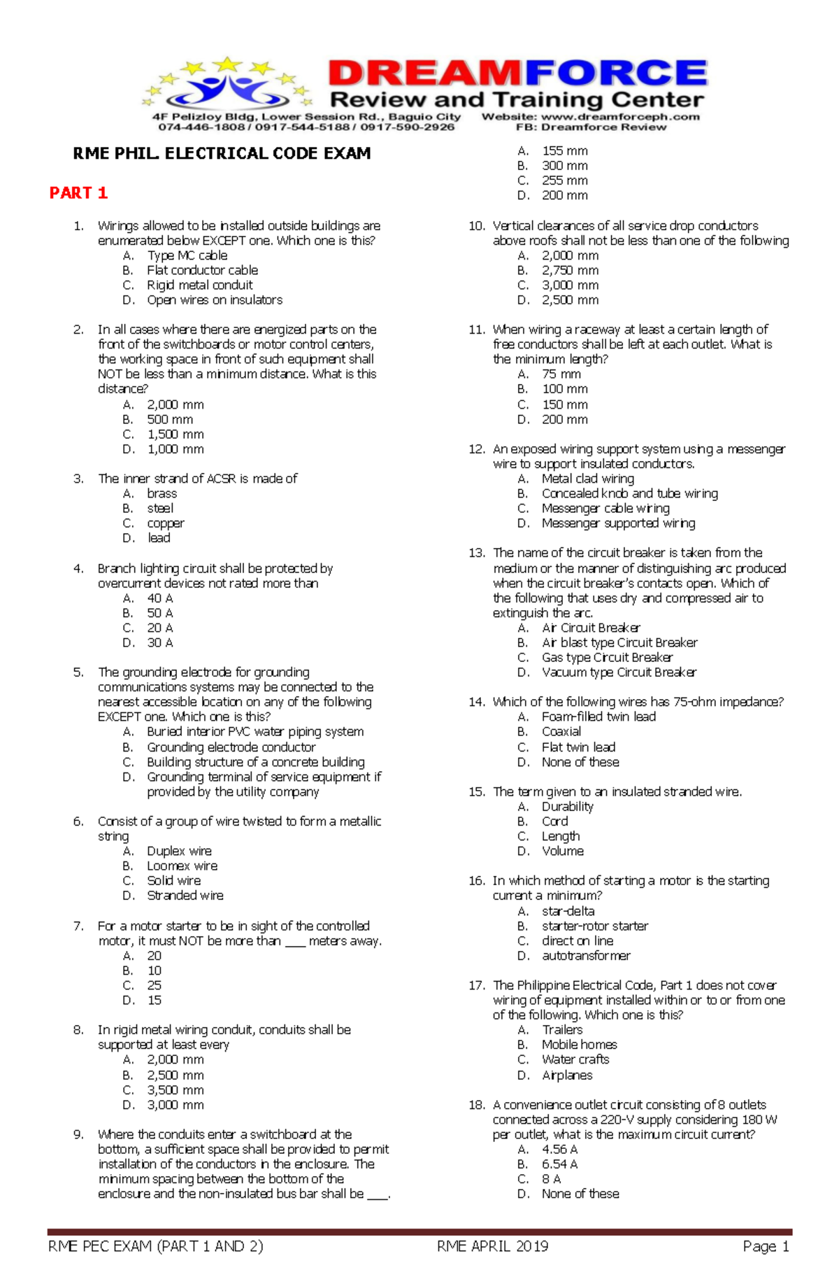RME 101 Final Exam Review Questions for Philippine Electrical Code - Studocu