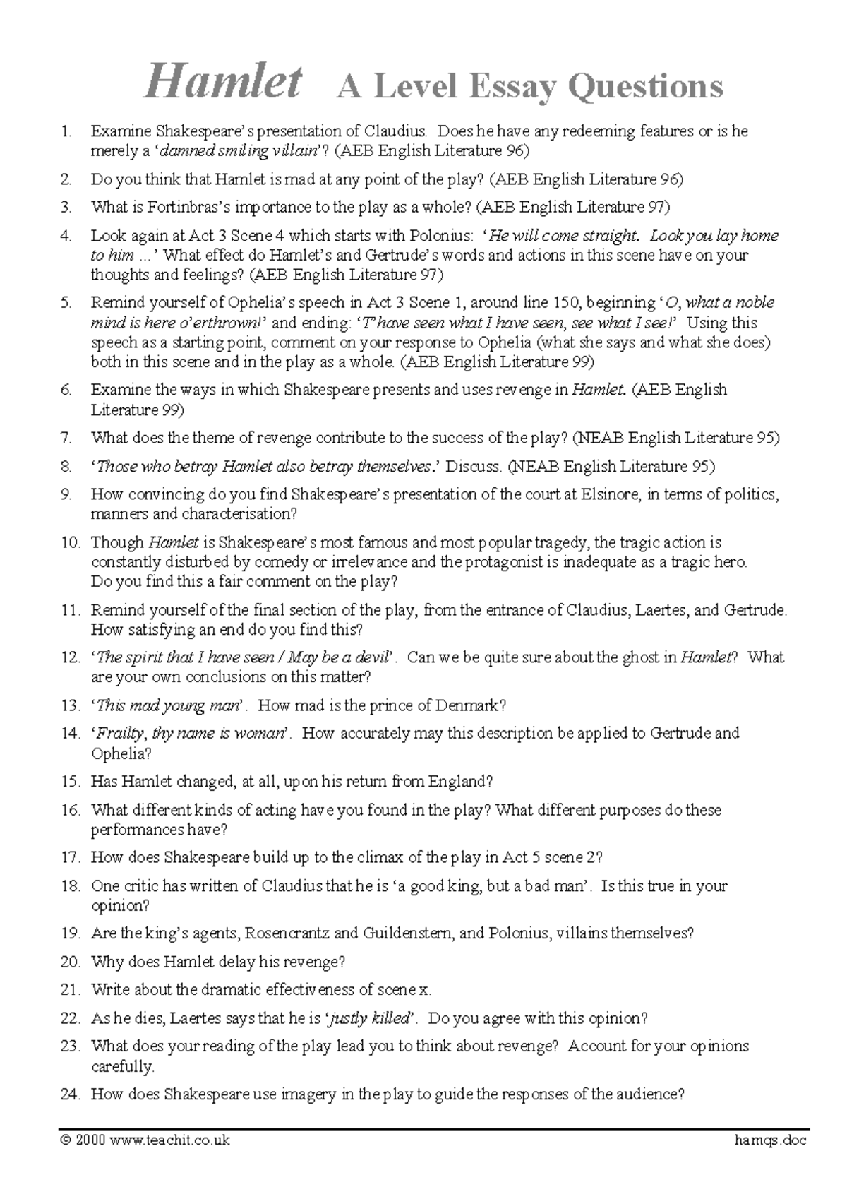 Hamlet questions - Assignment 1 - Hamlet A Level Essay Questions 1 ...