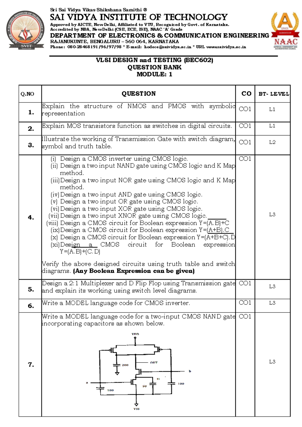 VLSI DESIGN AND TESTING (BEC602) QUESTION BANK MODULE 1-5 - Studocu