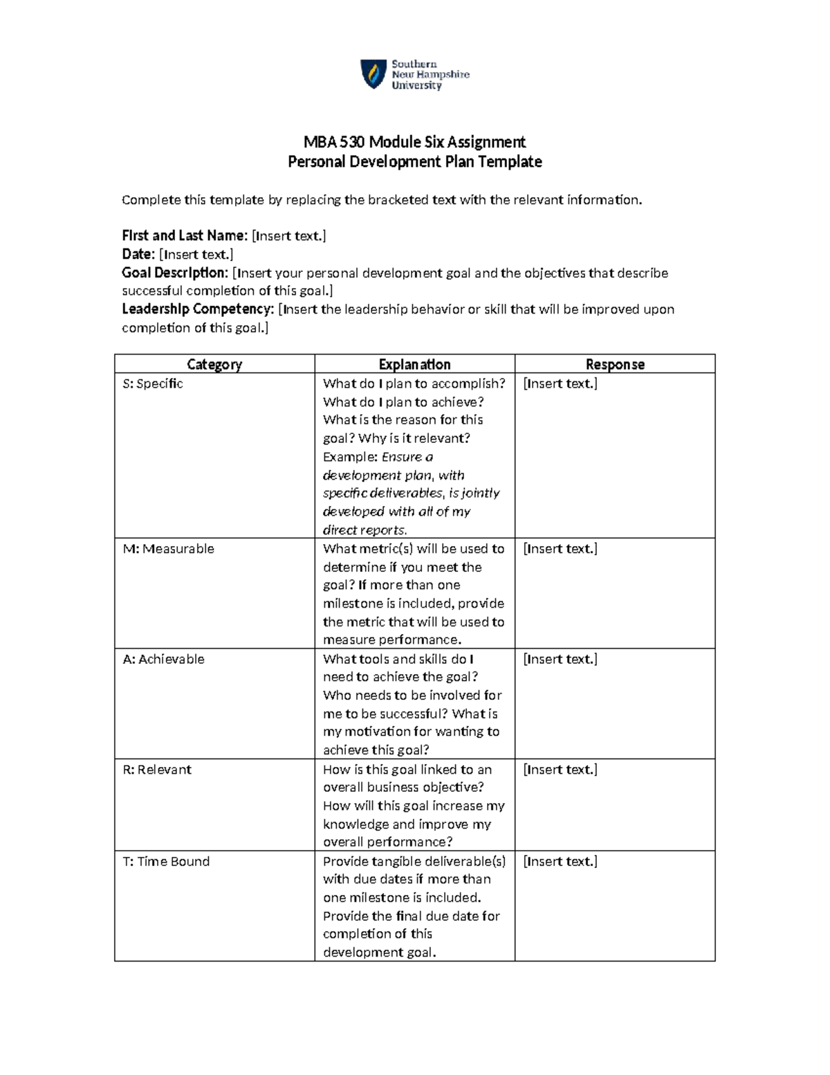 MBA 530 Module Six Assignment: Personal Development Plan Template - Studocu