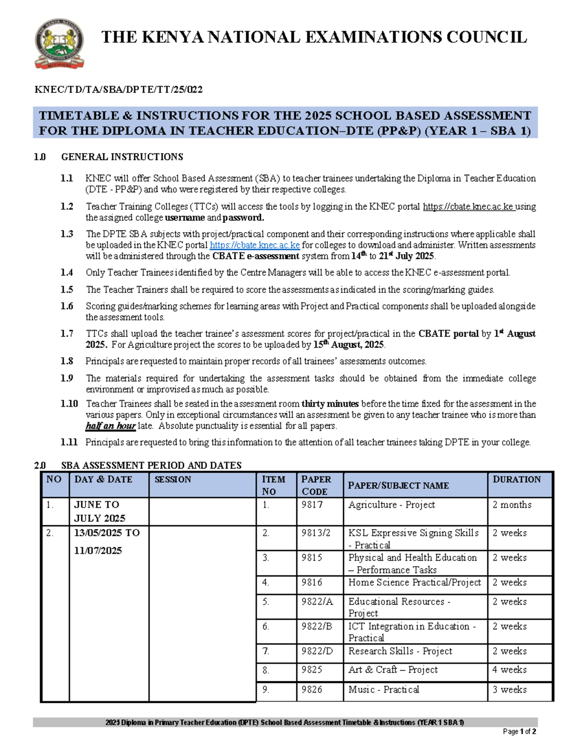 2025 DPTE Year 1 SBA Timetable & Instructions (DTE PP&P) - Studocu