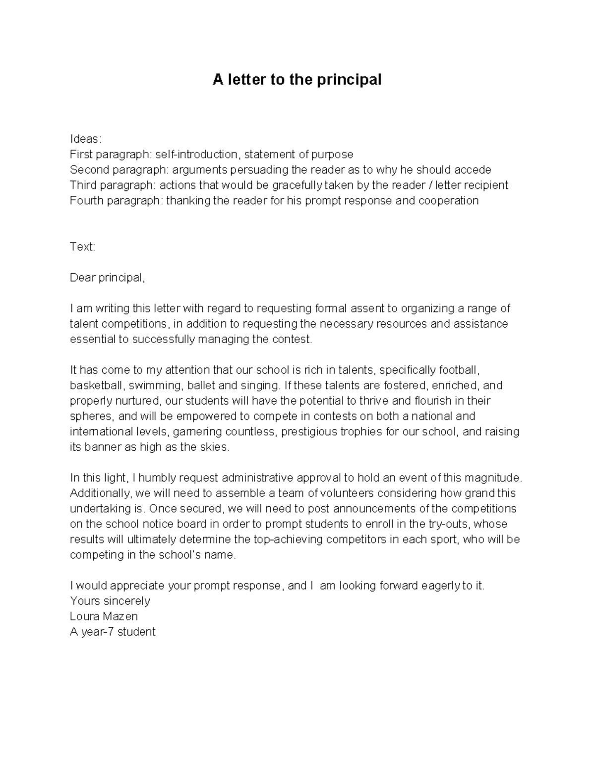 Formal letter to the principal - A letter to the principal Ideas: First ...