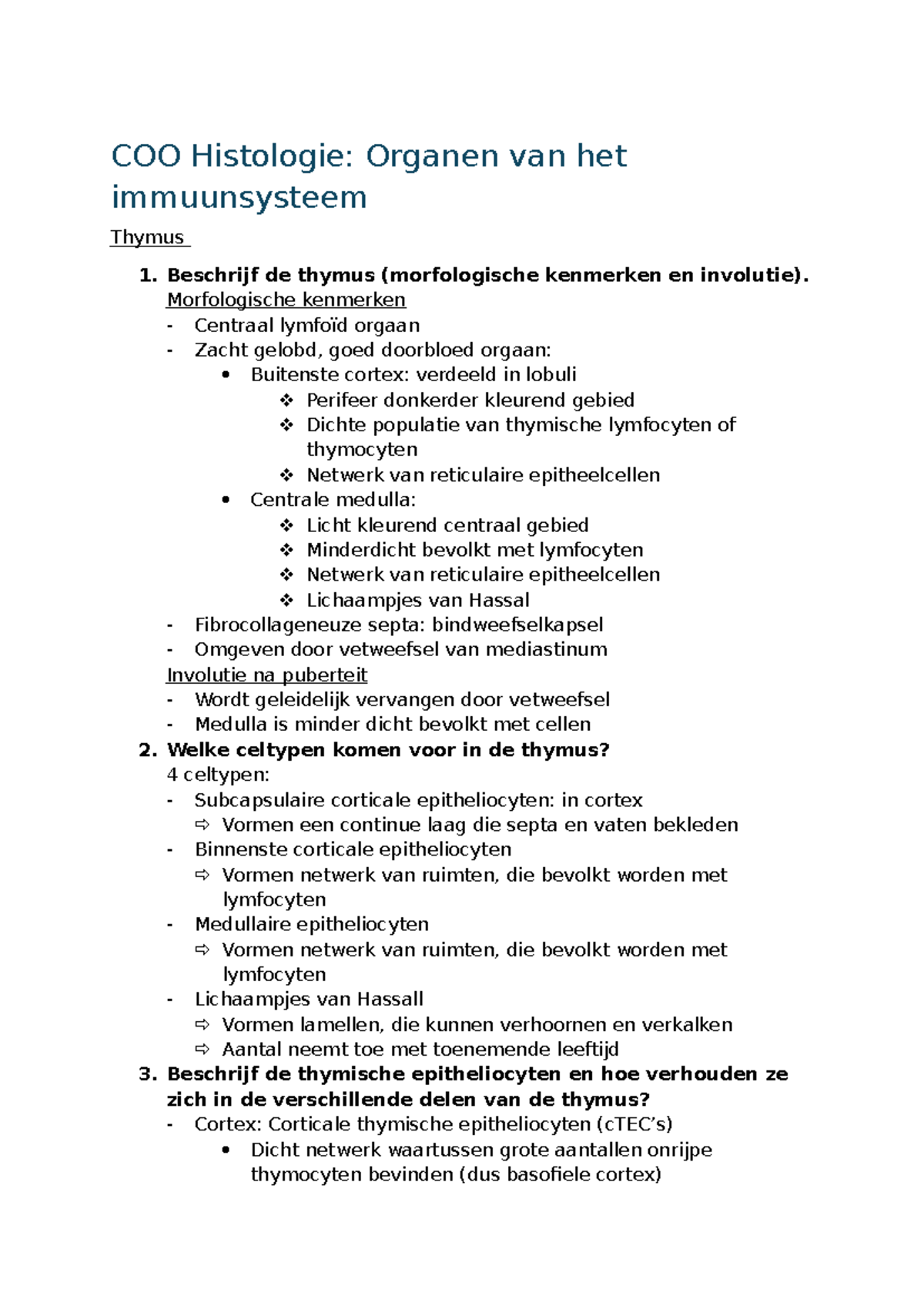 COO Histologie: Thymus en Lymfeklieren in het Immuunsysteem - Studocu
