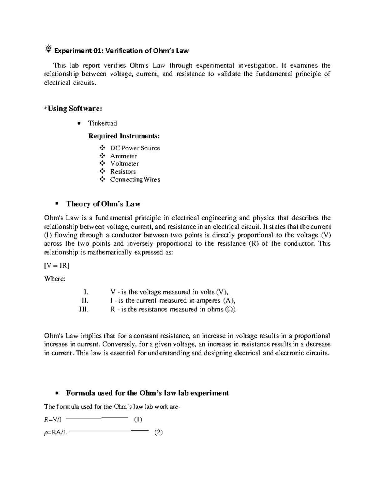 Verification of Ohm's Law - Experiment 01 Lab Report - Studocu