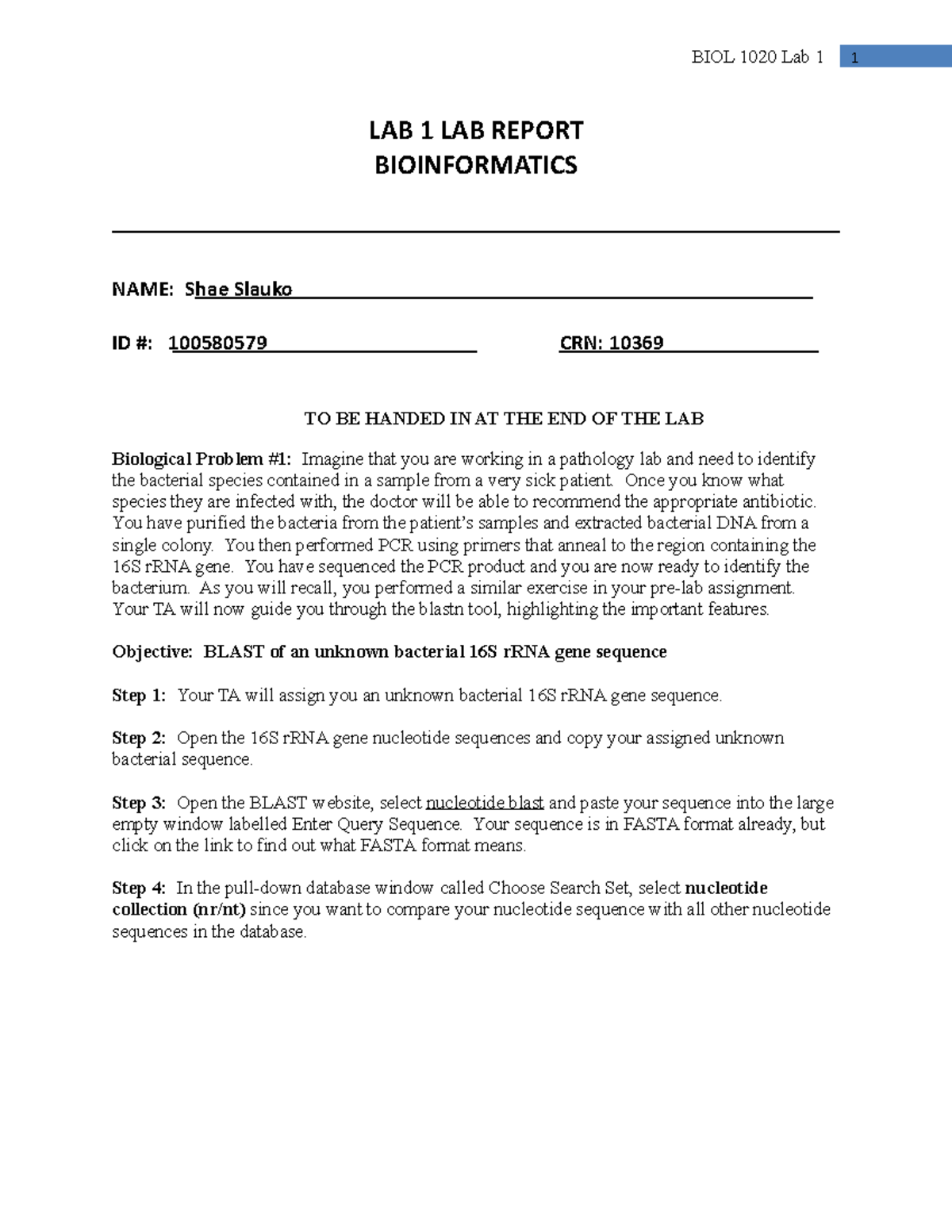 Bioinformatics Lab Report: Identifying Bacterial Species via BLAST ...