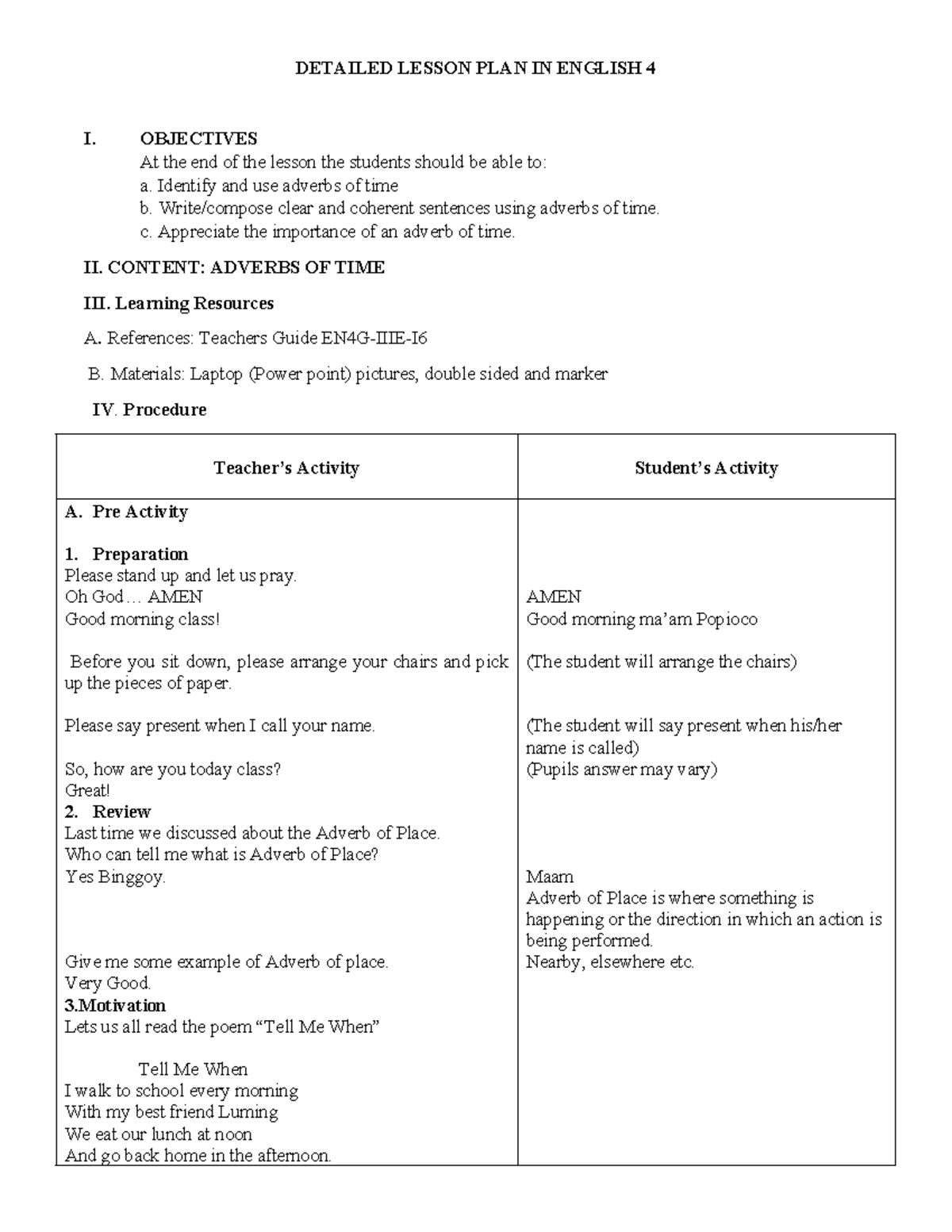 Adverbs of Time - Detailed Lesson Plan for EN4G-IIIE-I - Studocu