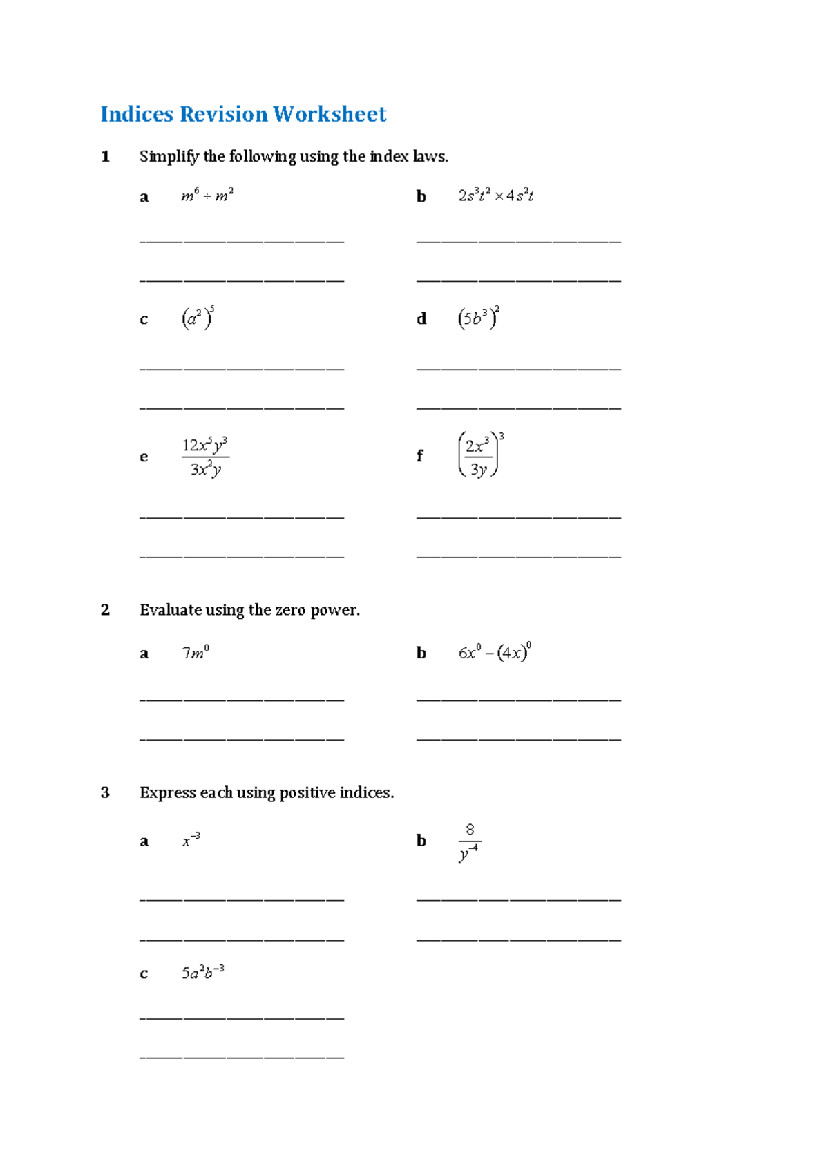 Indices Revision Worksheet 01: Simplifying and Evaluating Indices - Studocu
