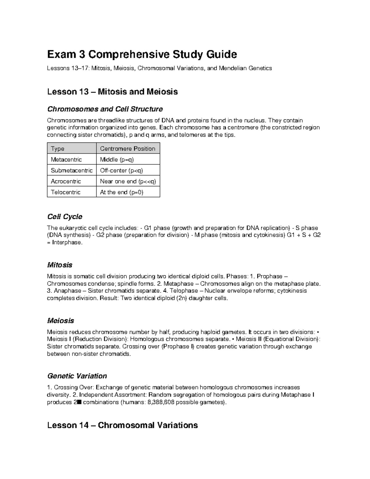 Exam 3 Study Guide: Mitosis, Meiosis & Chromosomal Variations - Studocu