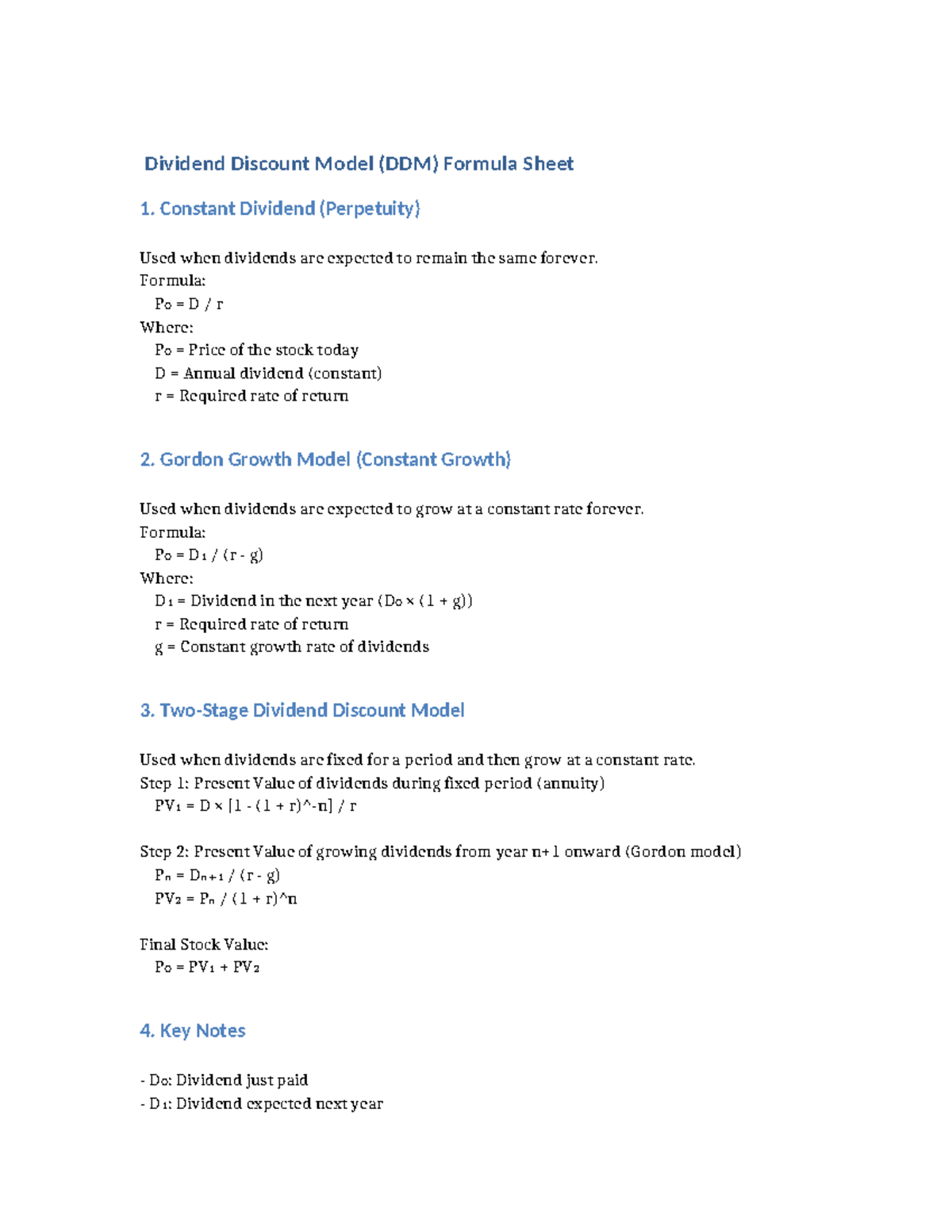 DDM Formula Sheet: Dividend Discount Models Explained - Studocu