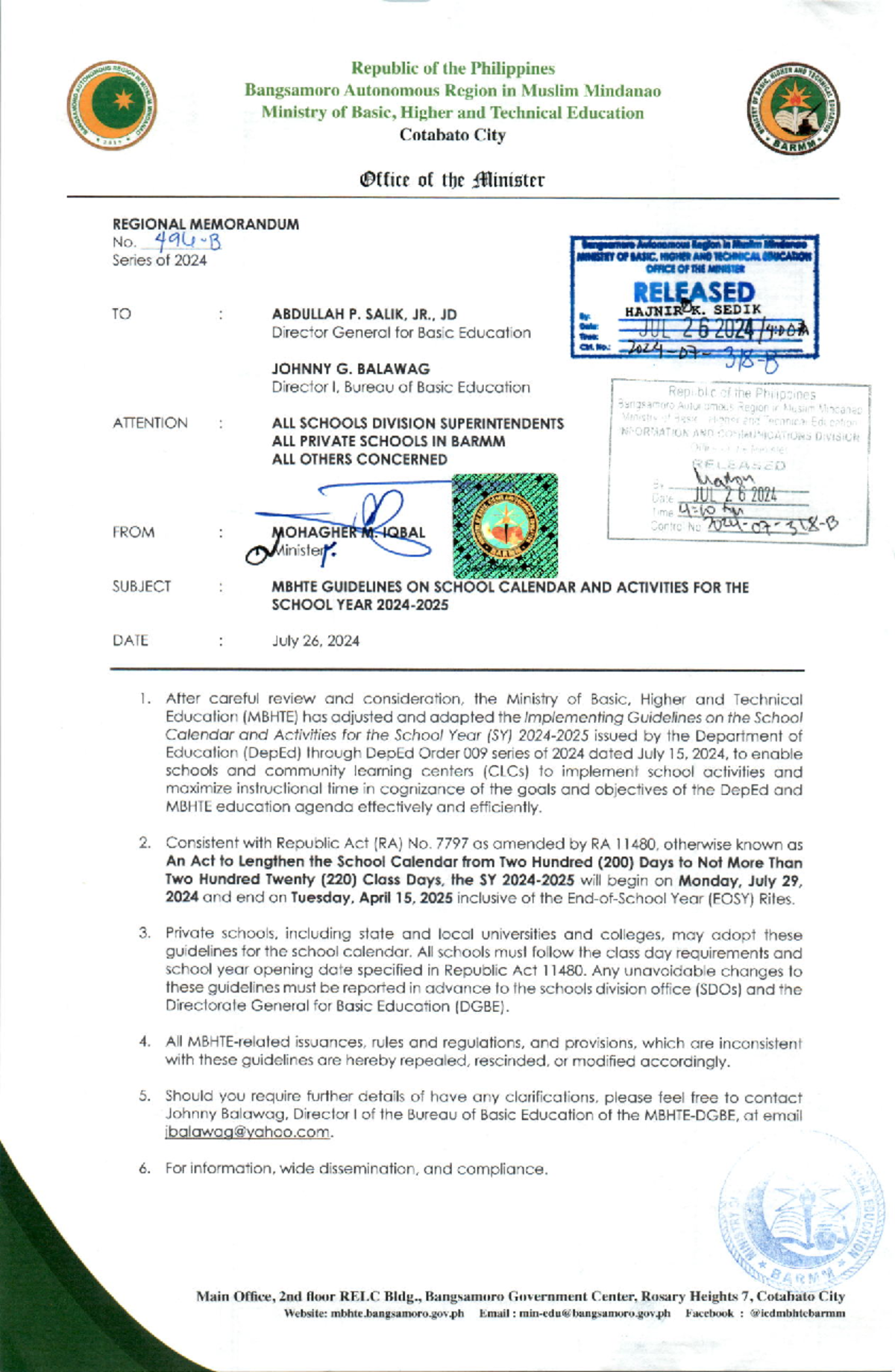 MBHTE Guidelines on School Calendar & Activities SY 2024-2025 - Studocu