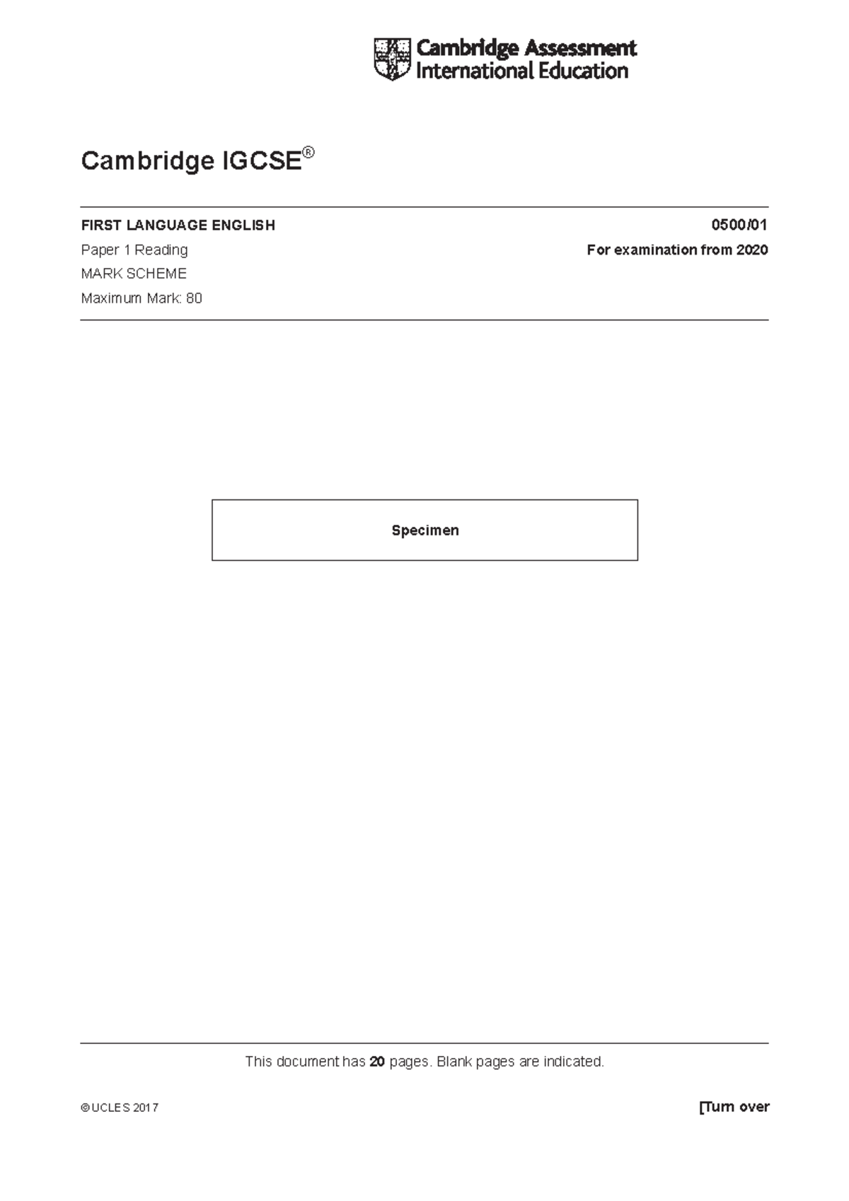 Checkpoint English [0500] - Specimen Paper 1 Marking Scheme Guide - Studocu
