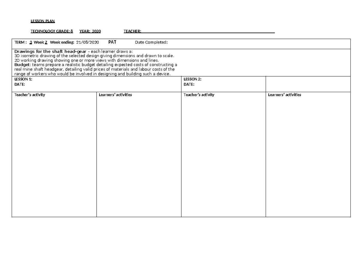 Grade 8 Technology Lesson Plan: Term 3 Week 7 Activities - Studocu