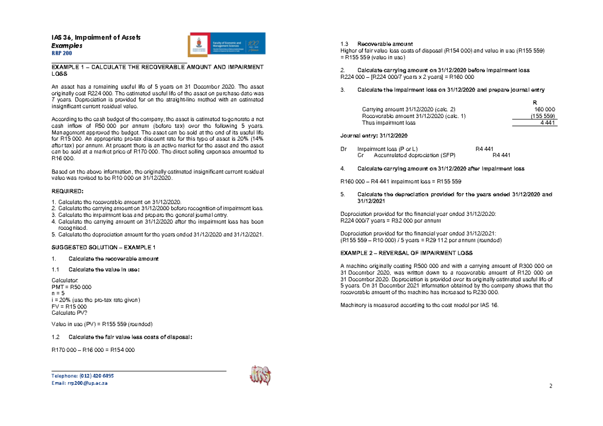 IAS 36 Lecture Notes: Impairment of Assets Calculations and Examples ...
