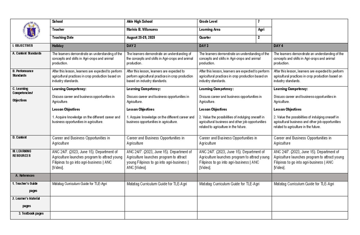 Agri 7 Lesson Plan: Career & Business Opportunities in Agriculture ...