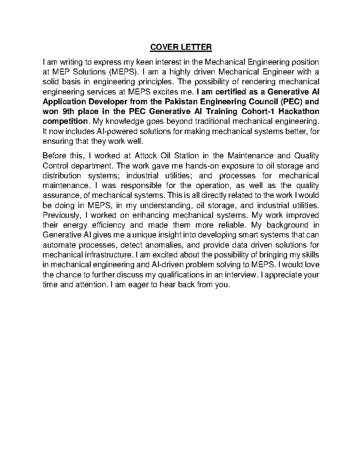 Cover Letter FOR MEP - COVER LETTER I am writing to express my keen ...