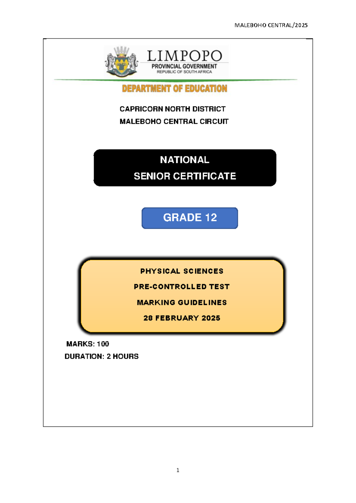 PHSC T1 2025 G12 Pre-Controlled Test Marking Guidelines - Studocu