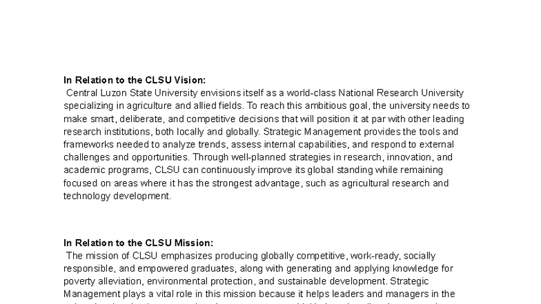 CLSU Vision, Mission & Philosophy: Strategic Management Insights - Studocu