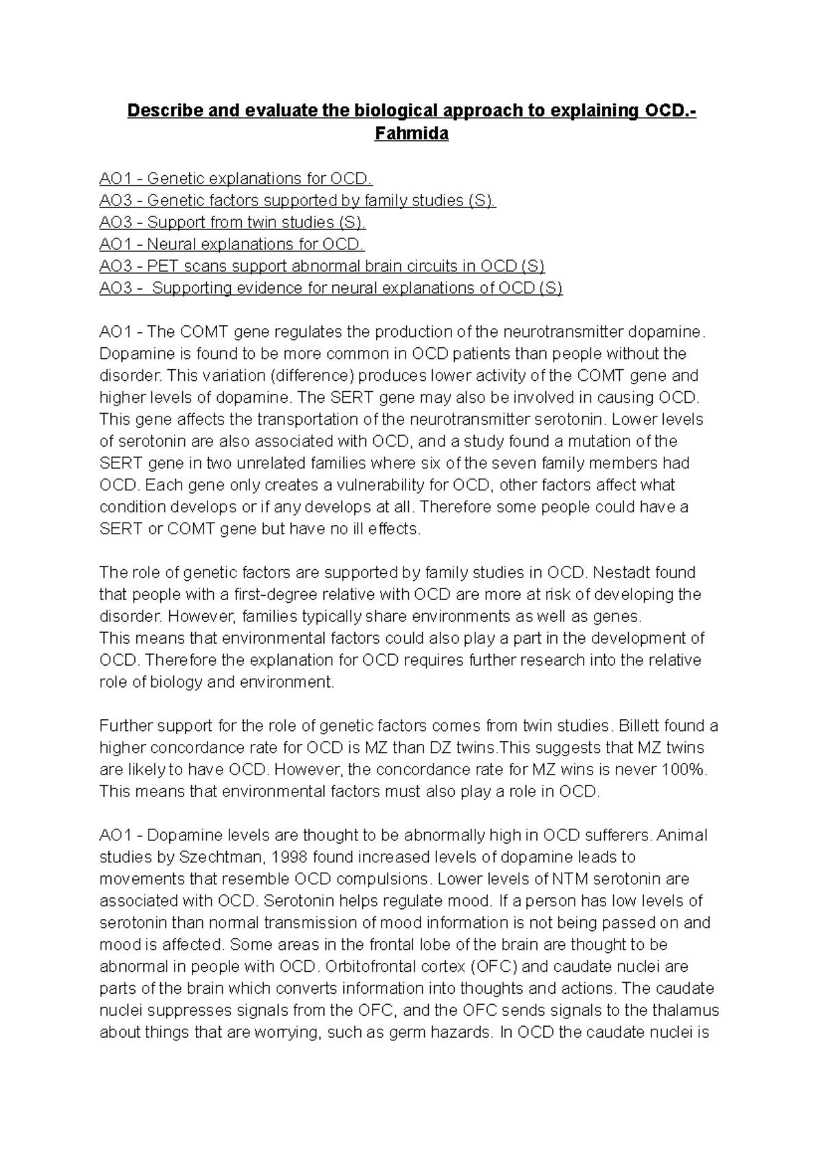 Biological Approach to OCD: Gene and Brain Circuit Explanations Essay ...