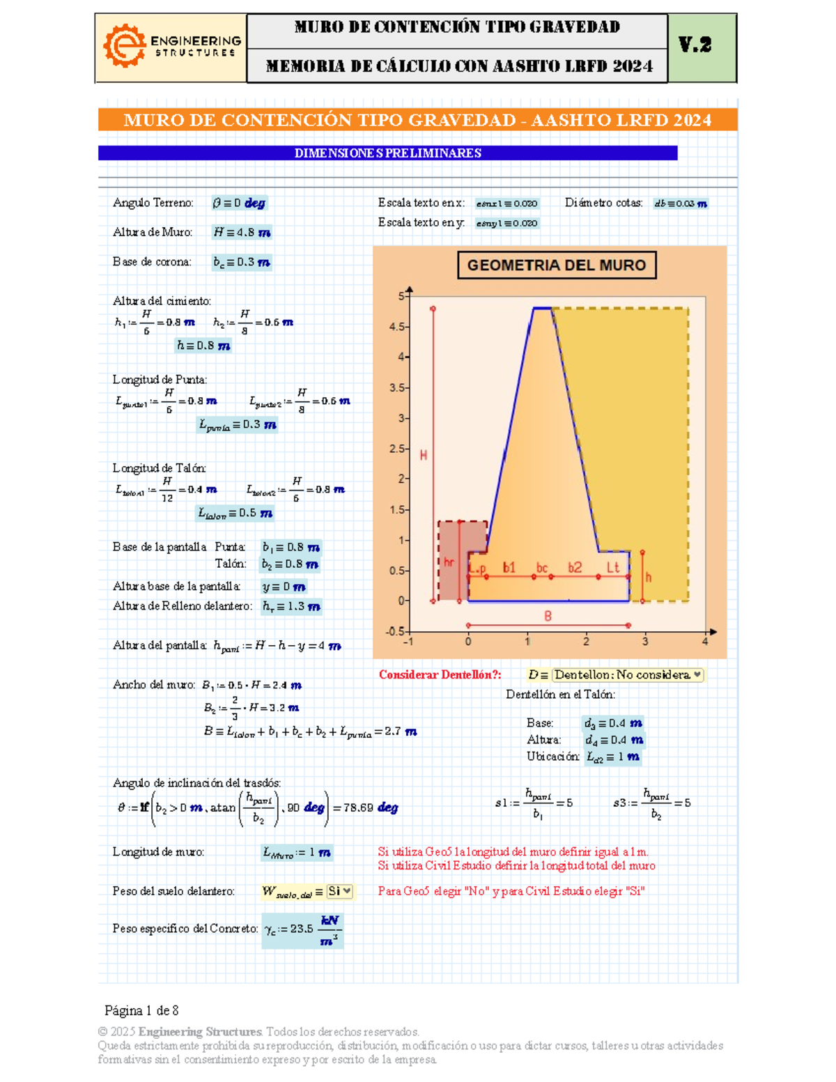 MURO DE CONTENCIÓN TIPO GRAVEDAD: CÁLCULO AASHTO LRFD 2024 V.2 - Studocu