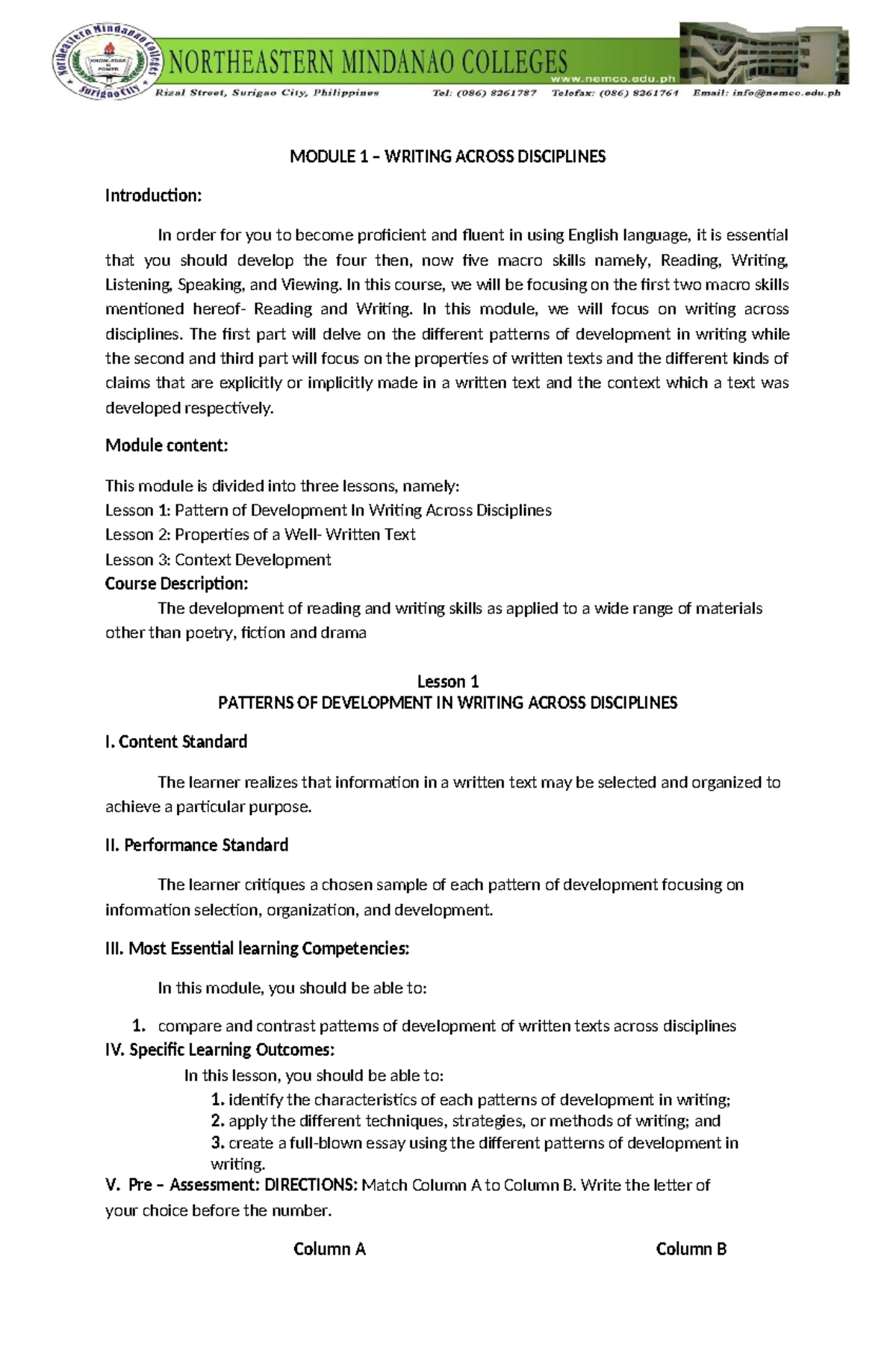 616653457 reading and writing skills module 1 shs - MODULE 1 – WRITING ...