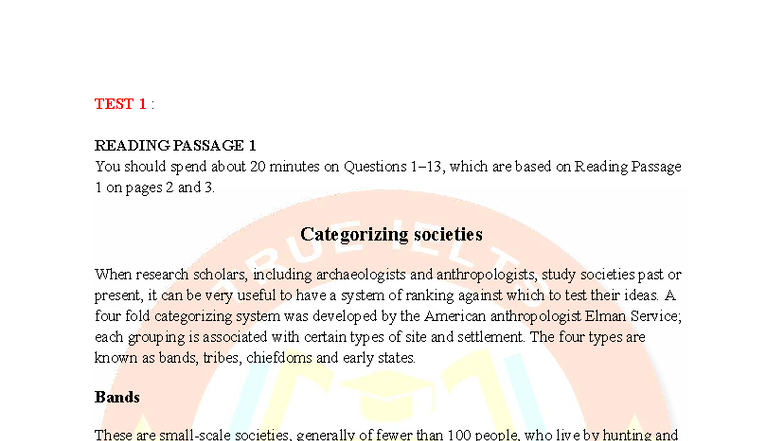 TEST 1 READING PASSAGE: Categorizing Societies and Their Structures ...