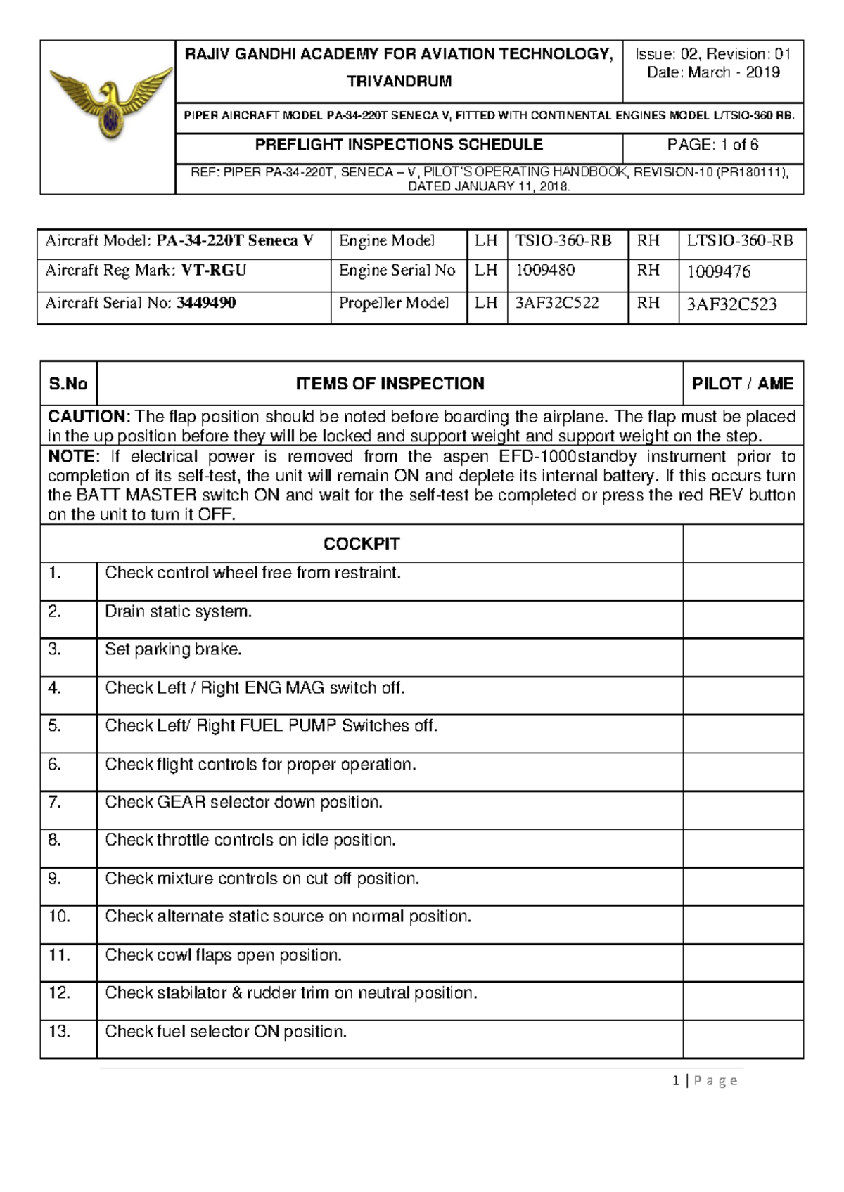 Preflight Inspection Checklist for Piper Seneca V (PA 34 220T) - Studocu